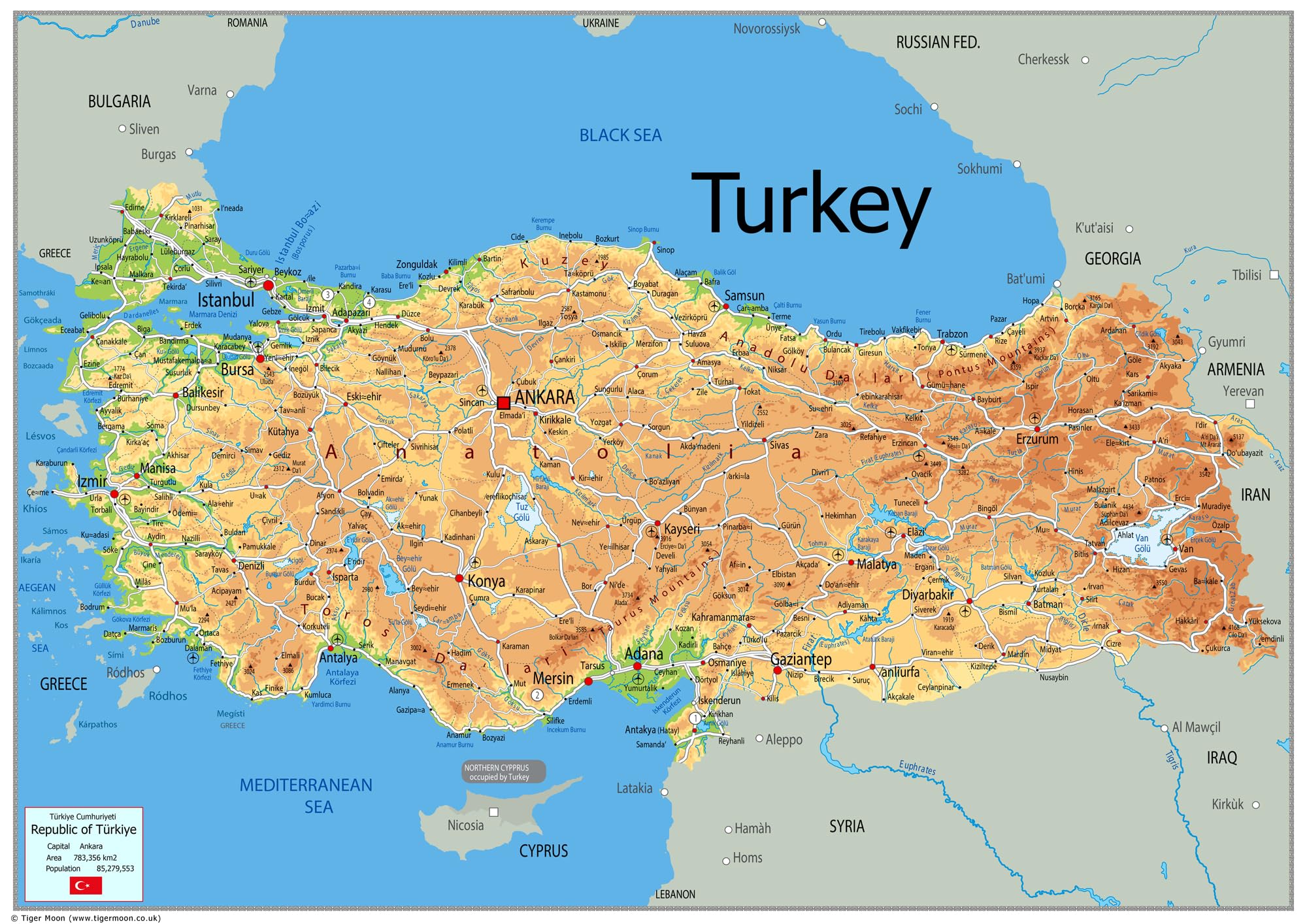 Physical Map of Turkey - The Oxford Collection - Size A2 - Paper ...