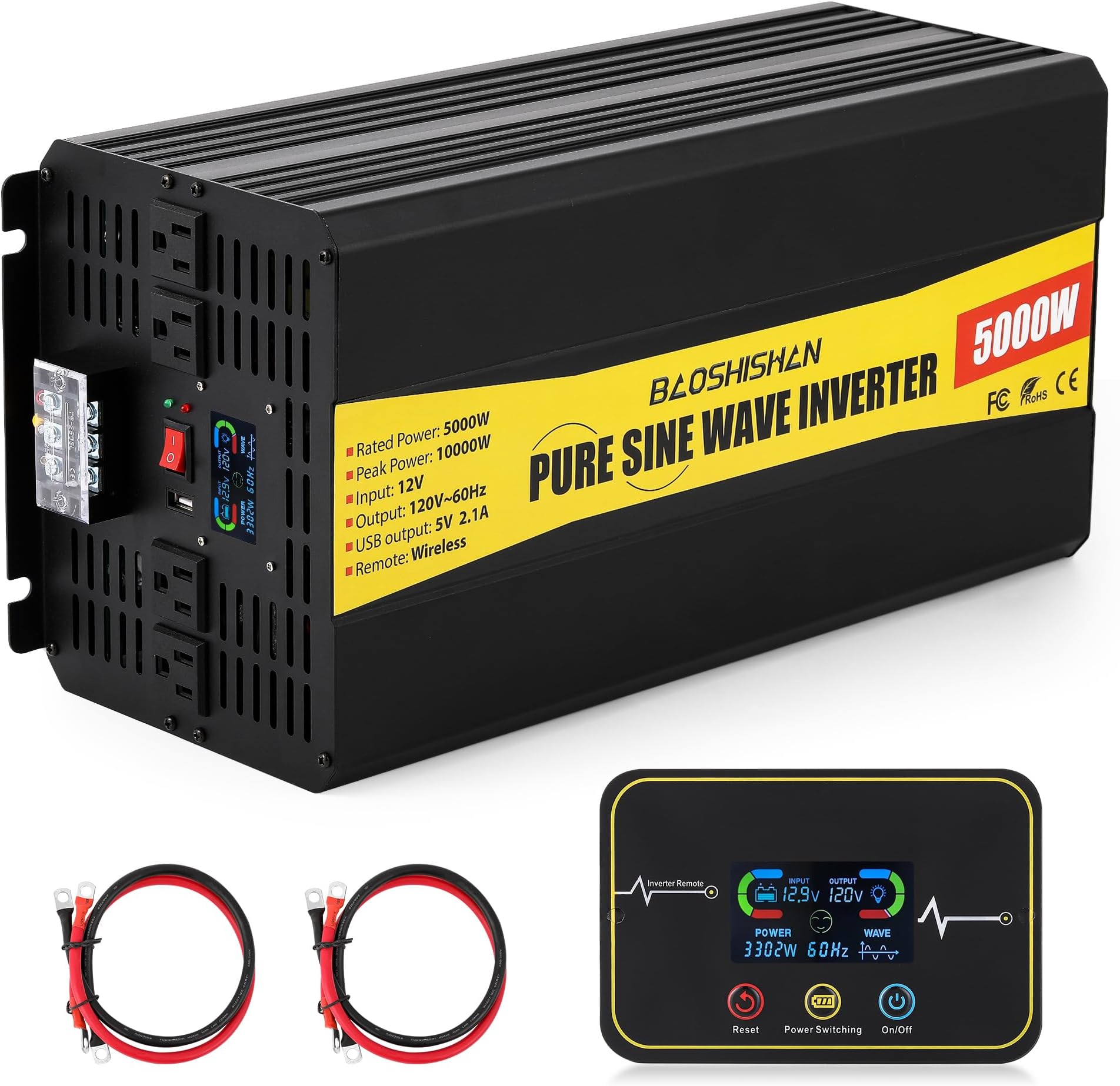 Amazon.com: BAOSHISHAN 5000 Watt Pure Sine Wave Inverter 12V DC to 120V ...