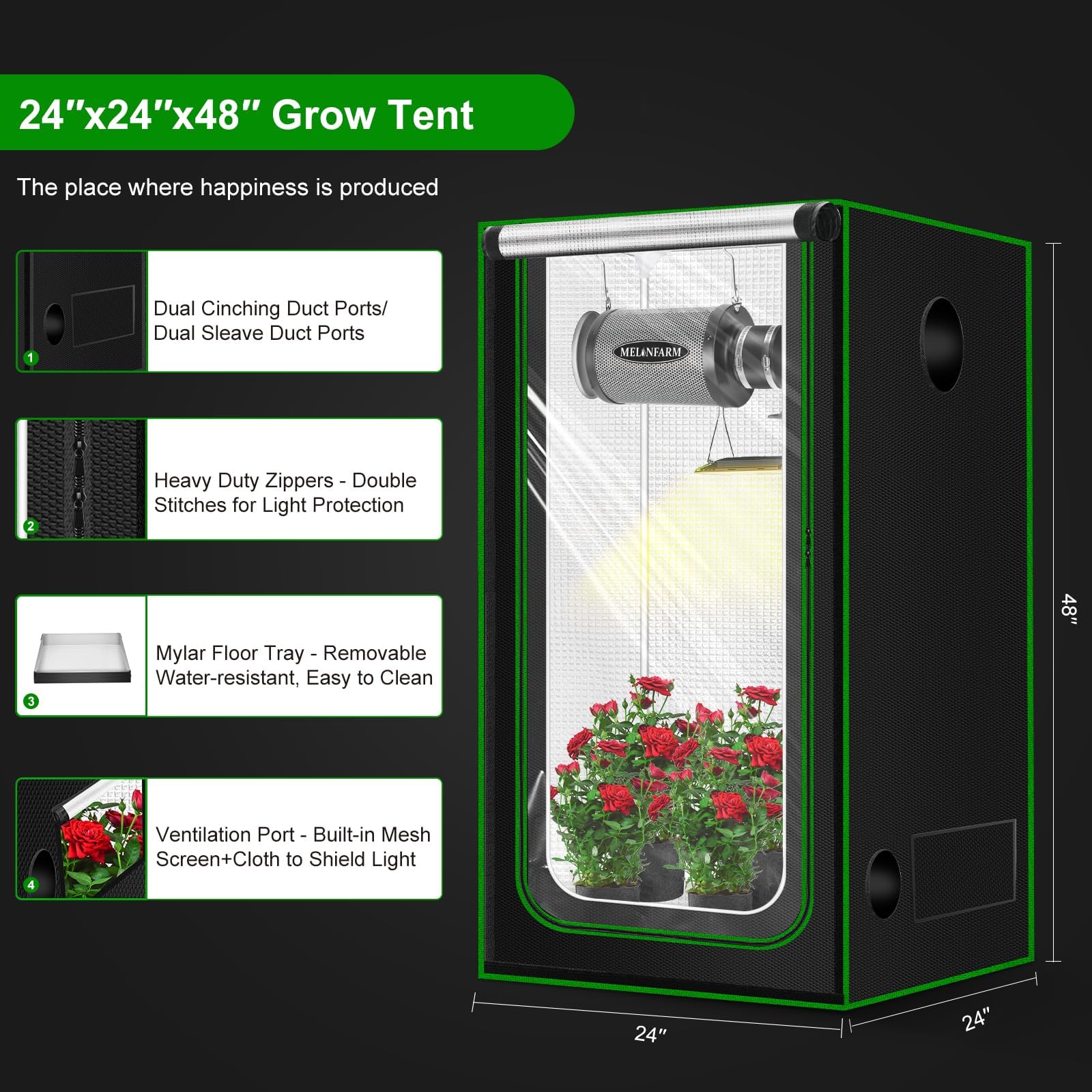 Snapklik.com : MELONFARM 2x2 Grow Tent, 24"x24"x55" Double Transparent ...