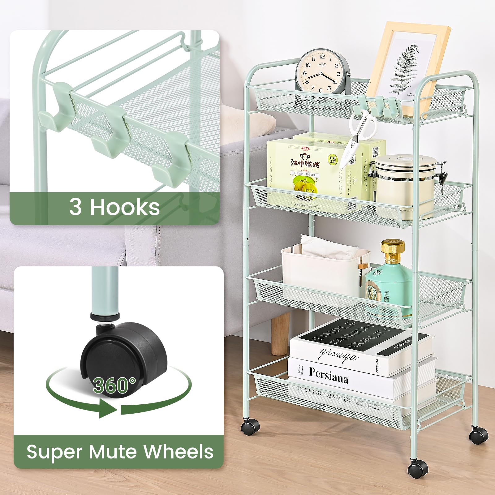 Snapklik.com : TOOLF 4-Tier Rolling Cart, Metal Utility Cart