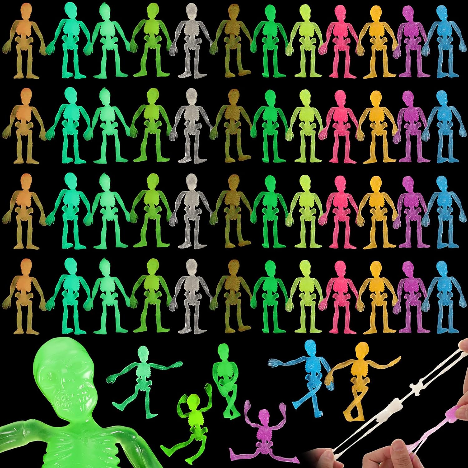 48 Pcs Halloween Glow in The Dark Skeleton Toys Halloween Stretch ...