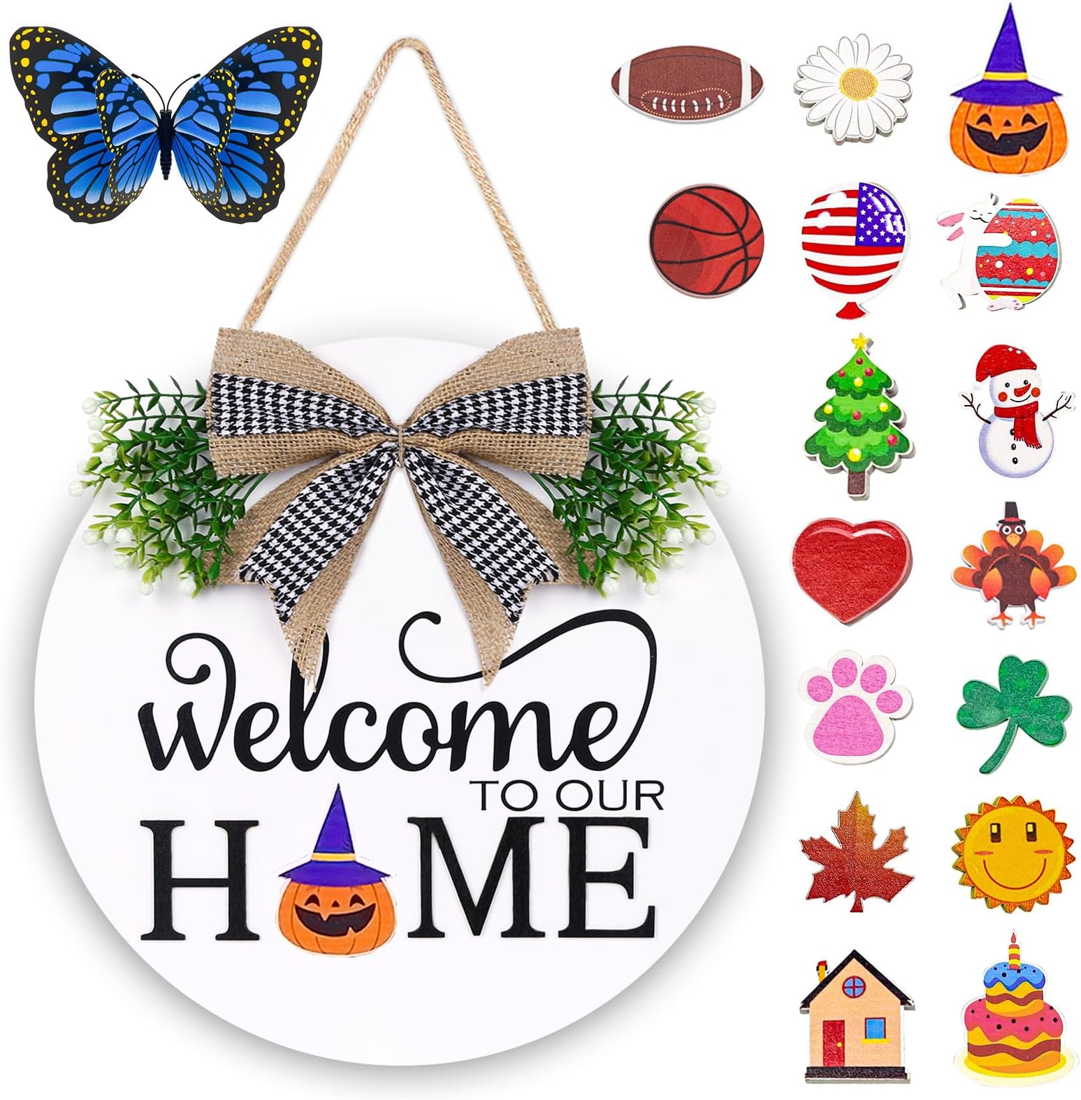 Amazon.com : Interchangeable Welcome Front Door Sign Round Wood 4 ...