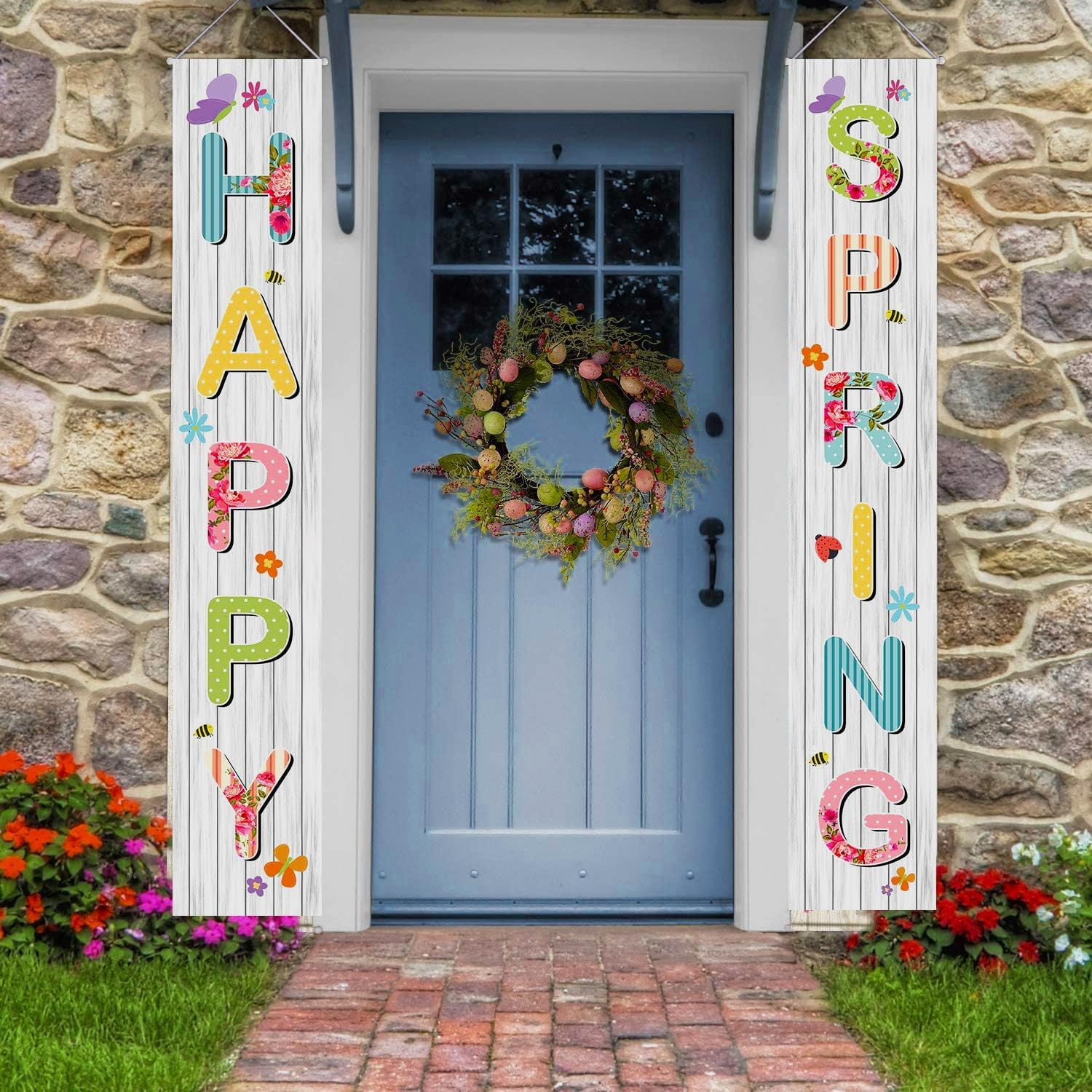 Amazon.com : ORTIGIA Happy Spring Banner for Outdoor Colorful Floral ...