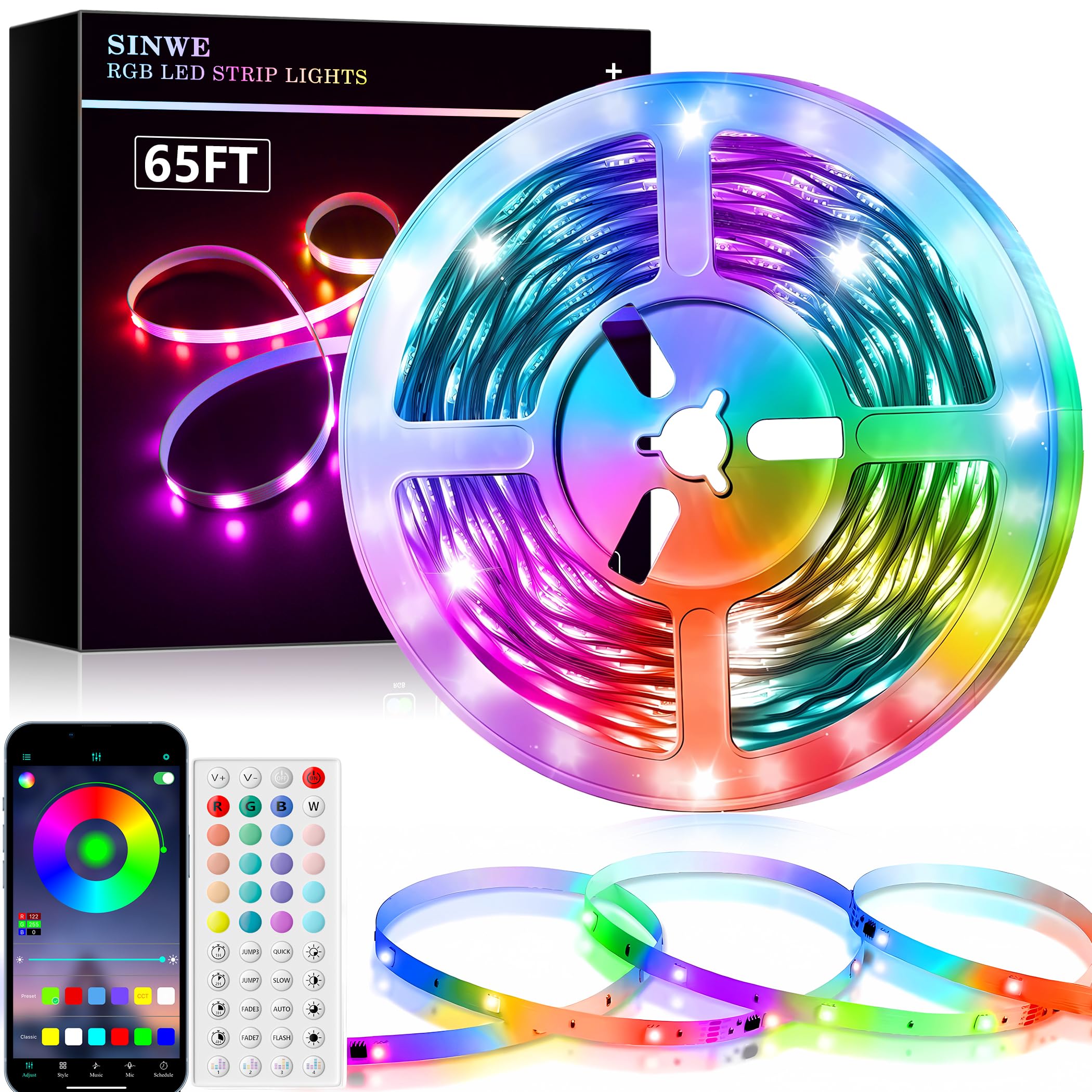 Led Lights for Bedroom,65.6ft Music Sync Color Changing Strip Lights with Remote and App Control ...