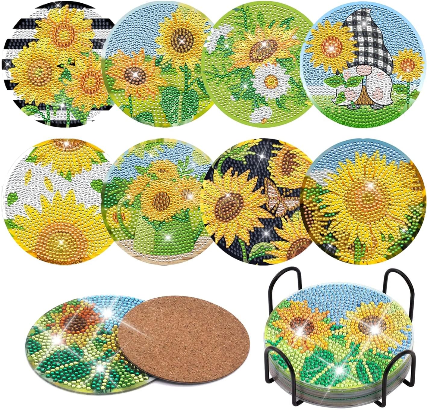 Amazon.com: 8PCS Diamond Painting Coaster with Holder, Summer Sunflowers Diamond Painting Art ...