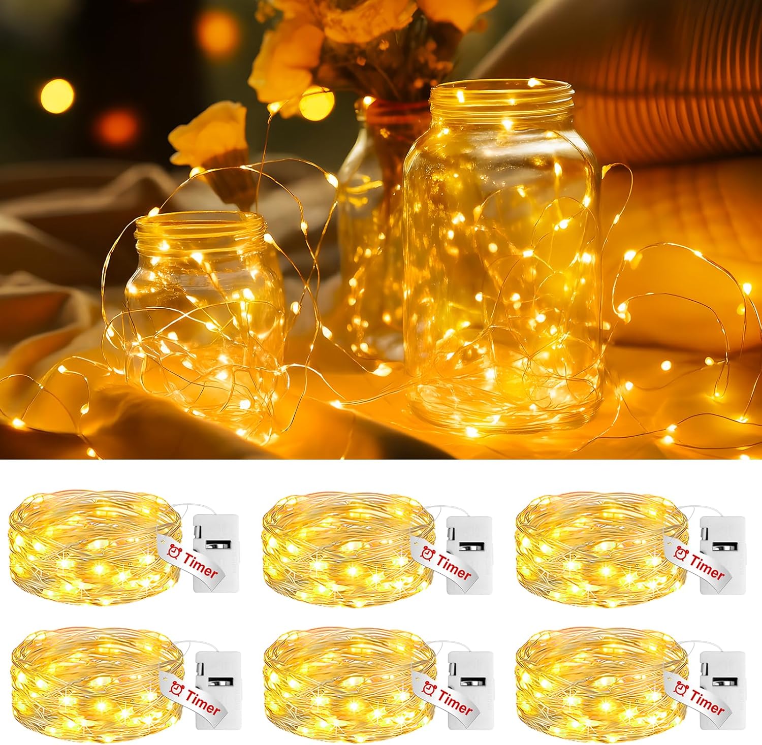Amazon.com: litogo 6 Pack Yellow Fairy Lights Battery Operated with ...