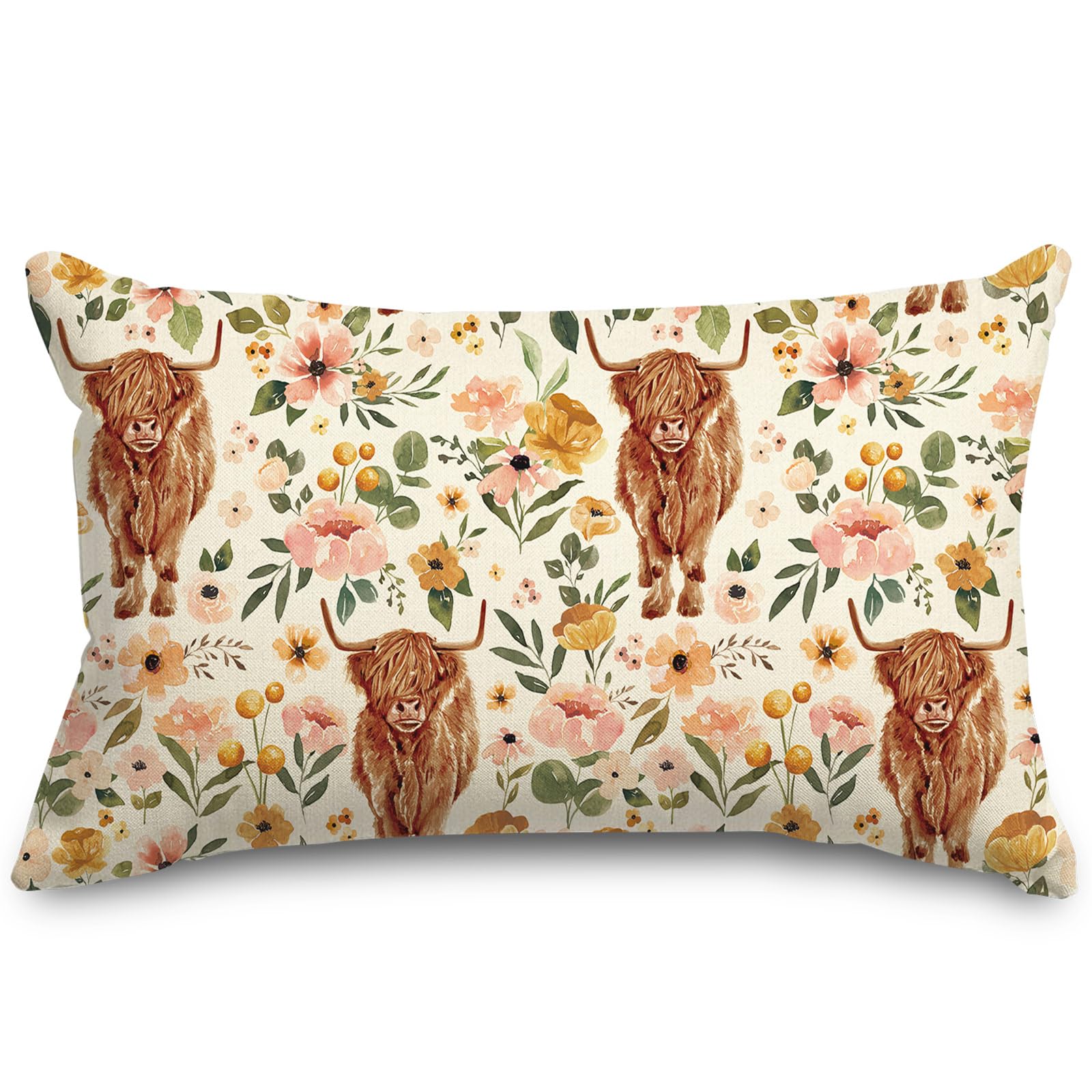 Amazon.com: AnyDesign Boho Floral Highland Cow Rectangle Pillow Covers ...