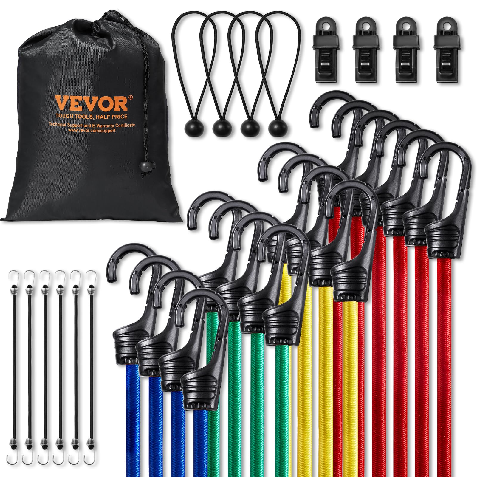 VEVOR 32pcs Bungee Cords Assortment, 12 mm Heavy Duty Bungee Cords with ...