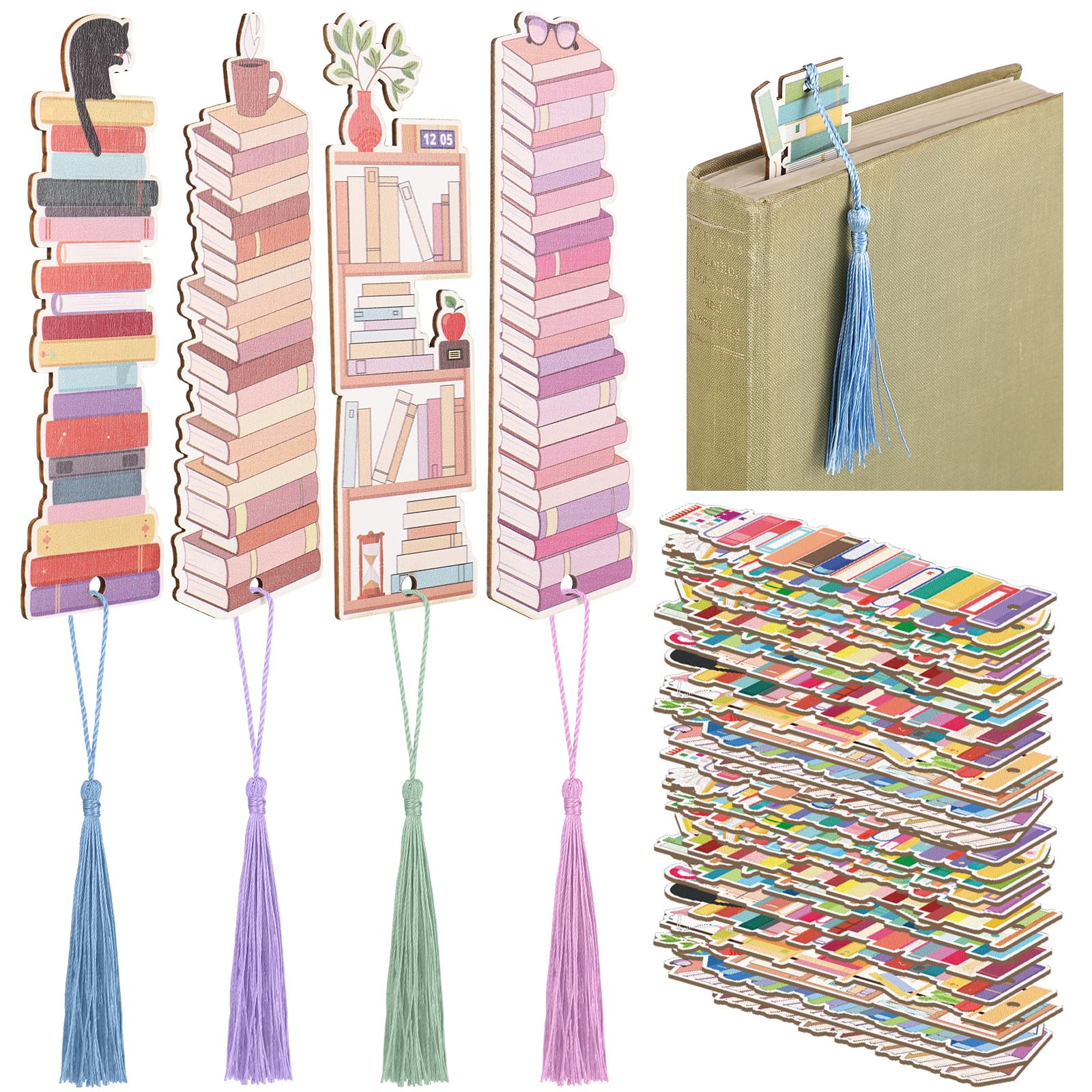 Amazon.com: Kolldenn 60 Pcs Bookshelf Wooden Bookmarks for Book Lovers ...