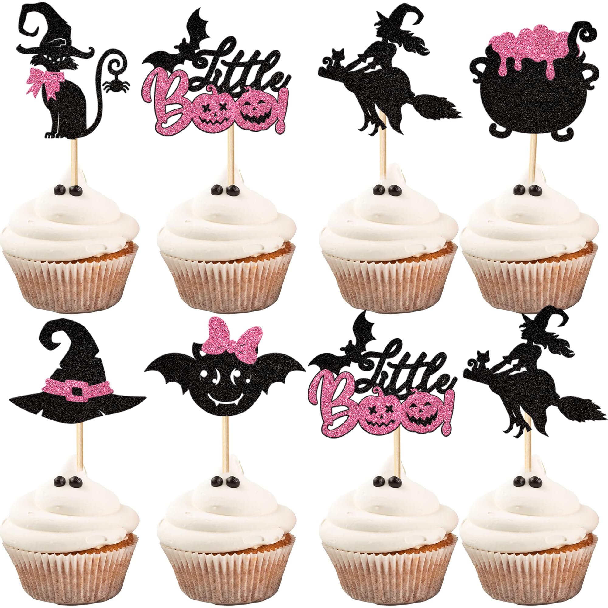 Amazon.com: 24 Pack Halloween Cupcake Toppers Glitter Pink Little Boo ...