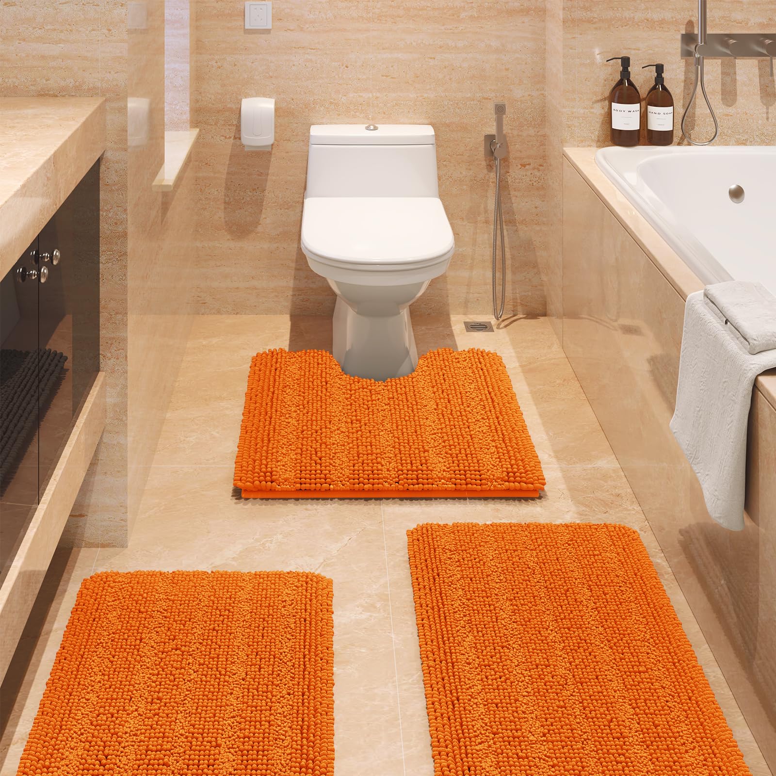 Amazon.com: ACCUMTEK Striped Orange Bathroom Rug Set 3 Pieces Ultra ...