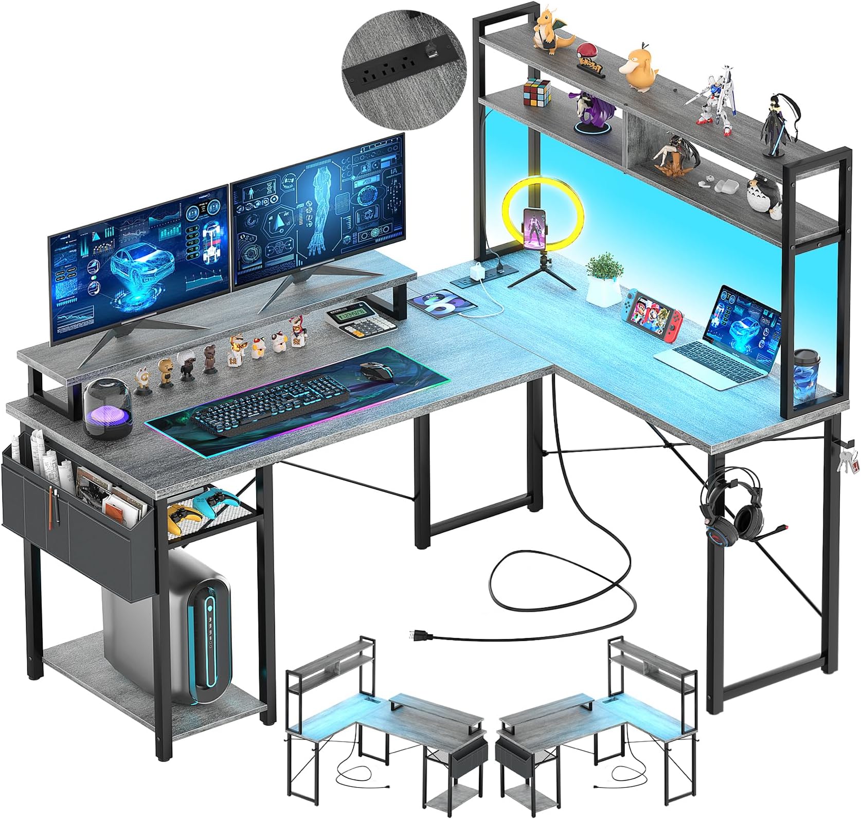 Amazon.com: Aheaplus Small L Shaped Gaming Desk with LED Lights & Power ...
