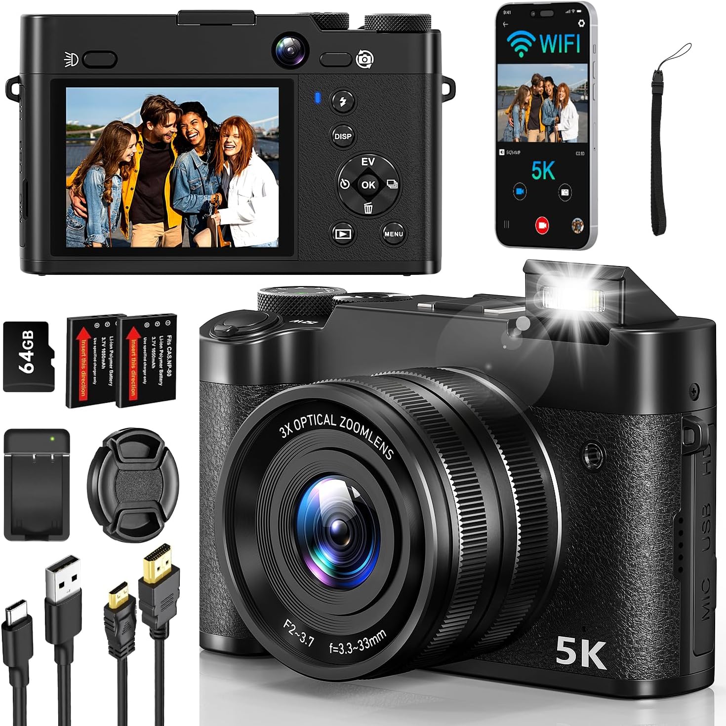 Amazon.com : 5K 64MP Digital Camera 3X Optical Zoom, WiFi Cameras for ...