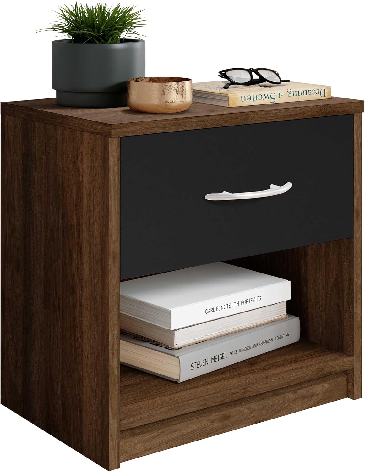 Stella Trading Pepe Bedside Table Wooden Columia Walnut/ABS Black 28 x ...