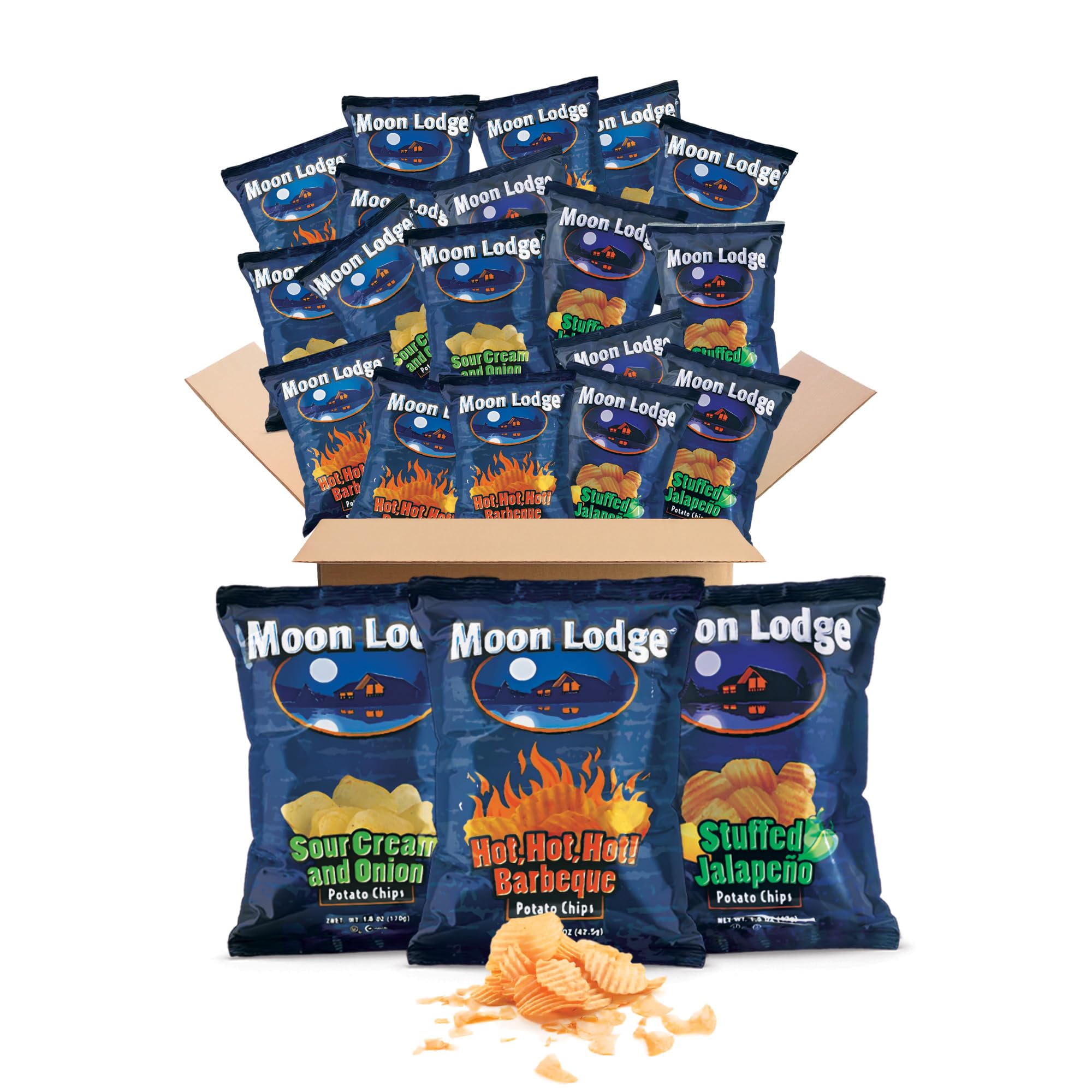 Amazon.com: Moon Lodge Chips Variety Pack - 21 Bold Flavored Potato Chips - Hot Barbeque ...