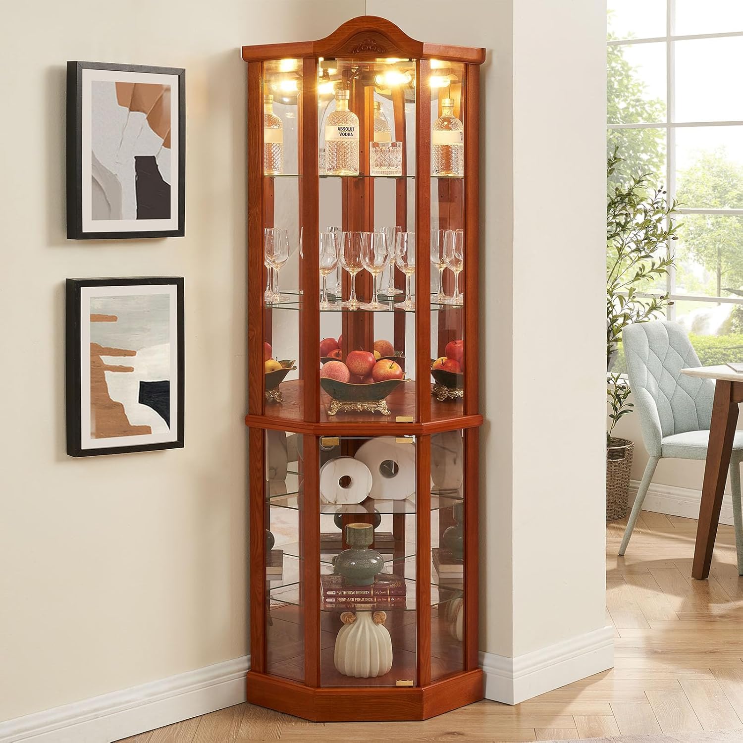 Amazon.com: Oak Corner Curio Cabinet with 4 Adjustable Glass Shelves ...