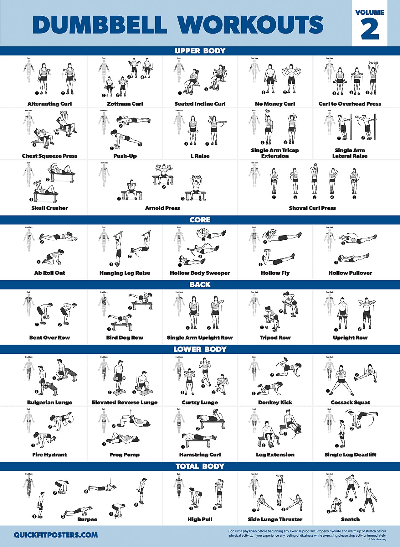 Dumbbell Workout Exercise Poster Volume 2 Laminated Free Weight Body ...