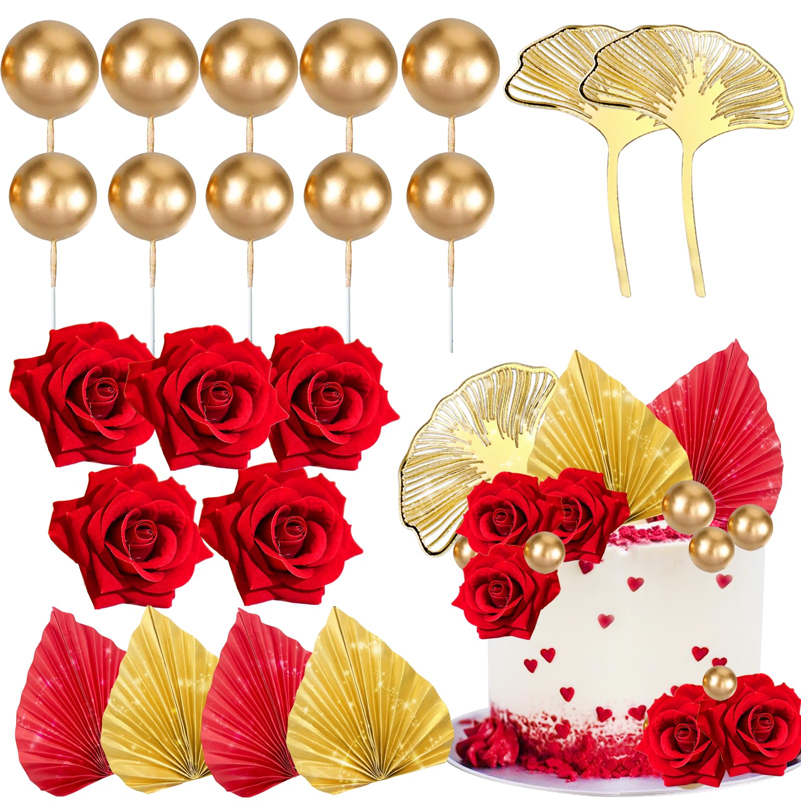 Amazon.com: MEMOVAN Red Rose Cake Topper 21PCS Boho Flower Cake Toppers ...