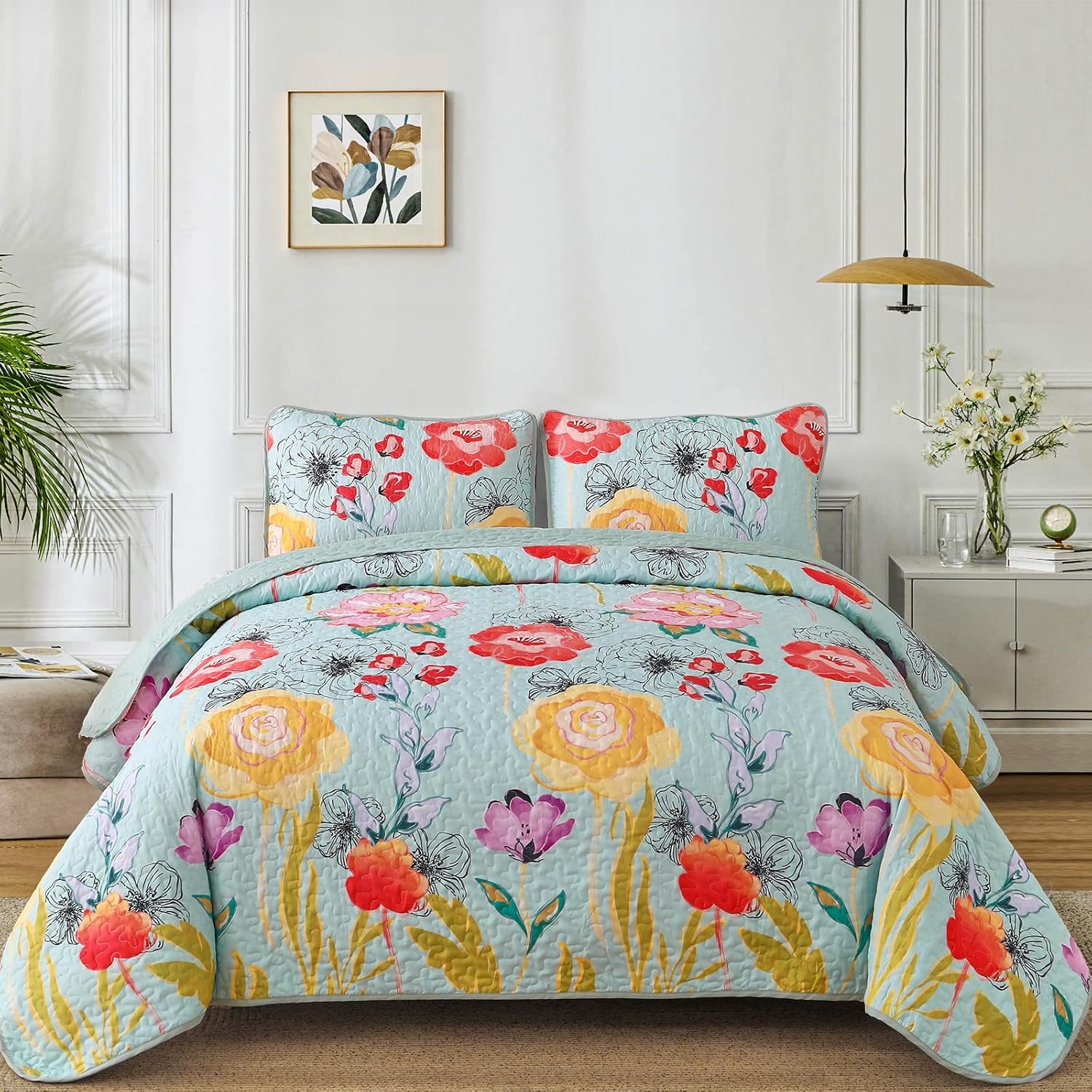 Amazon.com: DJY Floral Quilt Set Queen Watercolor Dream Green Quilt Set ...