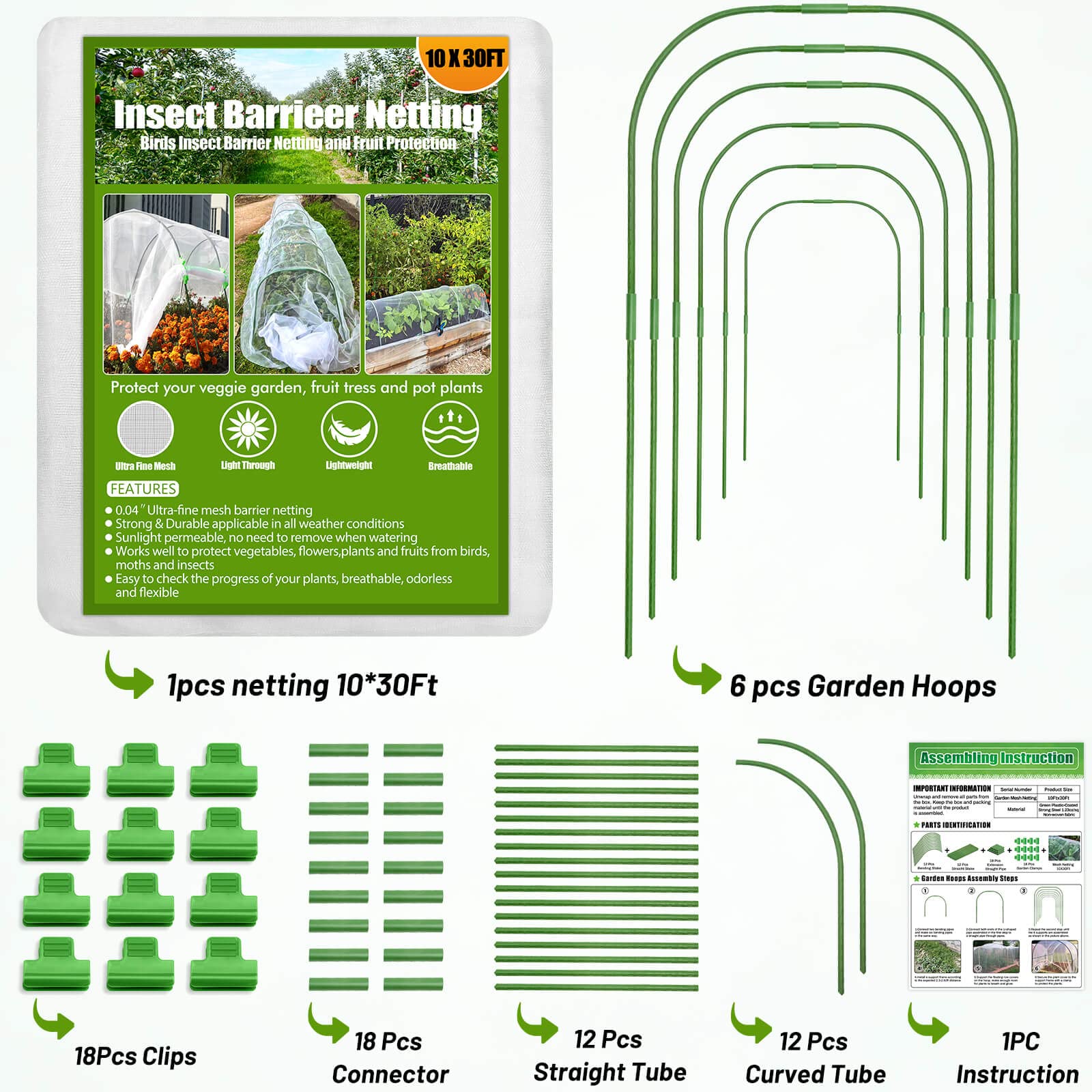 Cludoo 63pcs Garden Mesh Netting Kit,10x30 ft Plant Covers Garden Netting with 6 Sets Garden ...