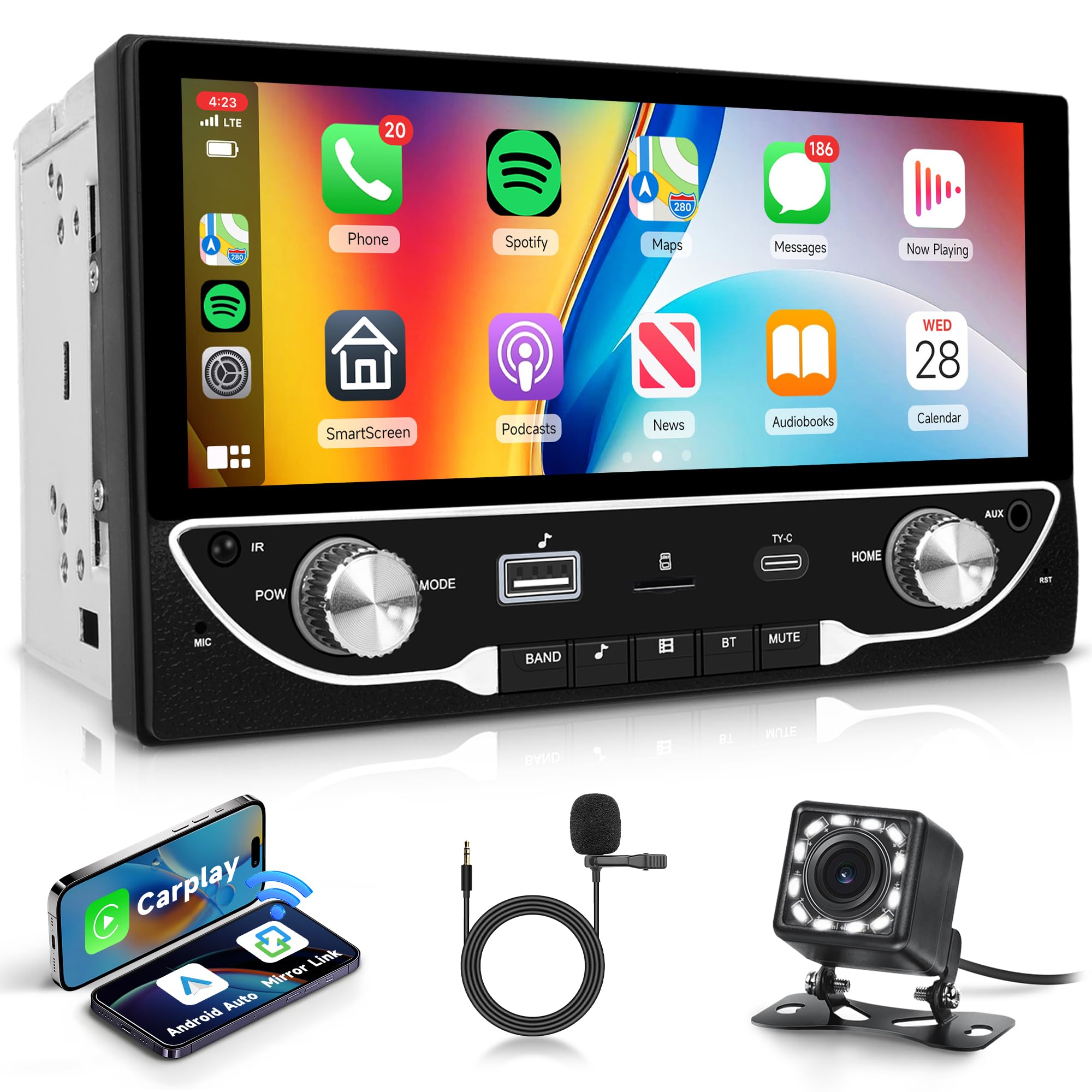 Rimoody Double Din Car Stereo with Wireless Carplay Android Auto, 6.86 ...