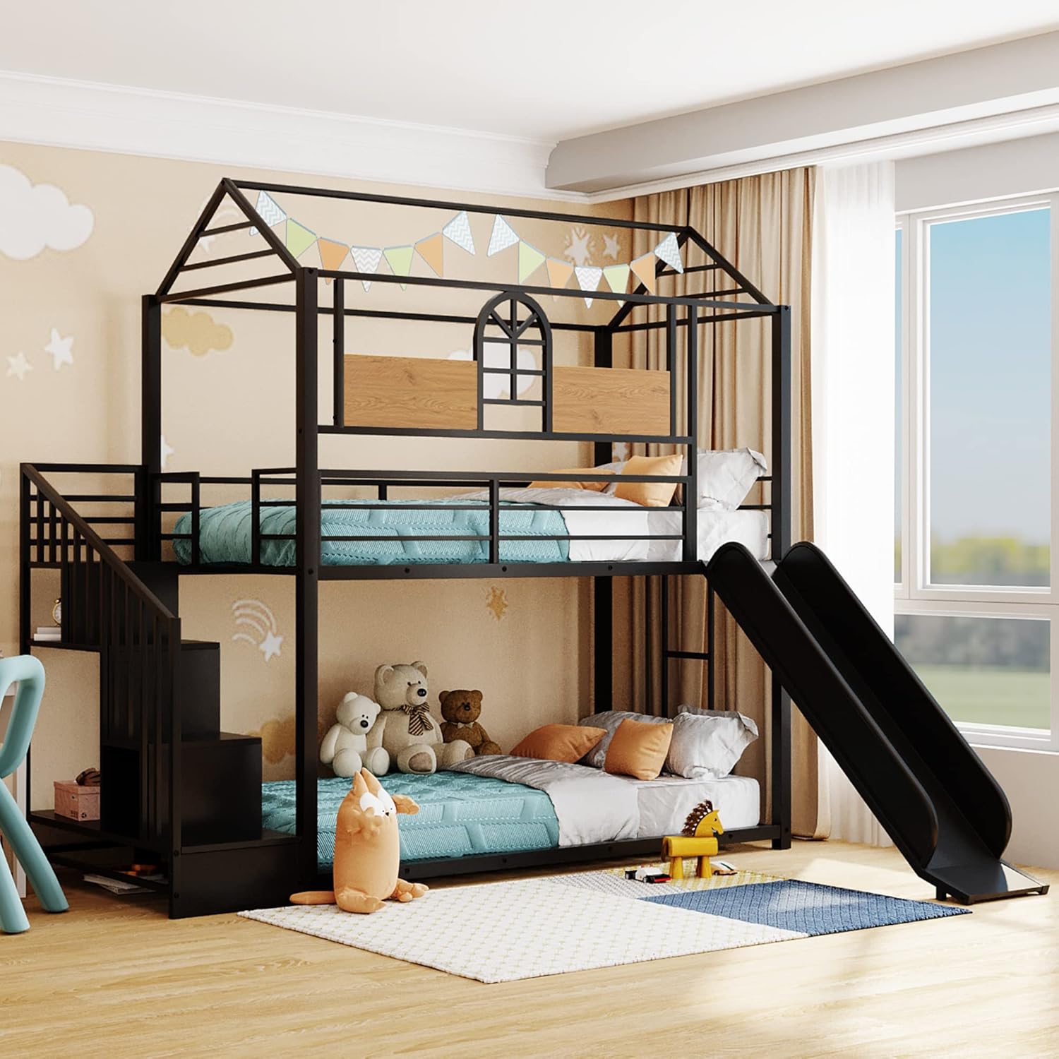 Amazon.com: Twin Over Twin Bunk Bed with Stairs and Storage, Metal ...