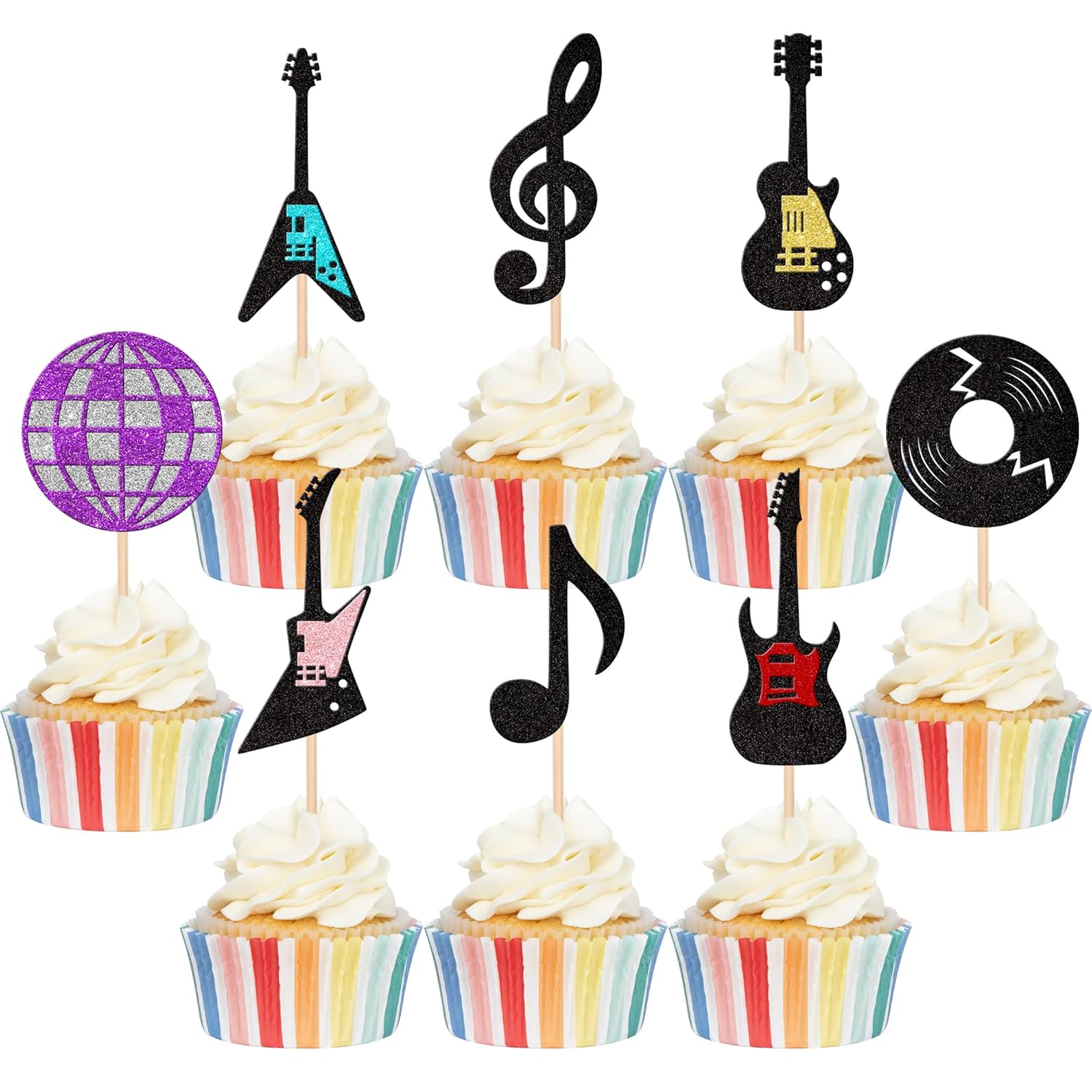 Amazon.com: 24 PCS Music Notes Cupcake Toppers Glitter Guitar Rock ...