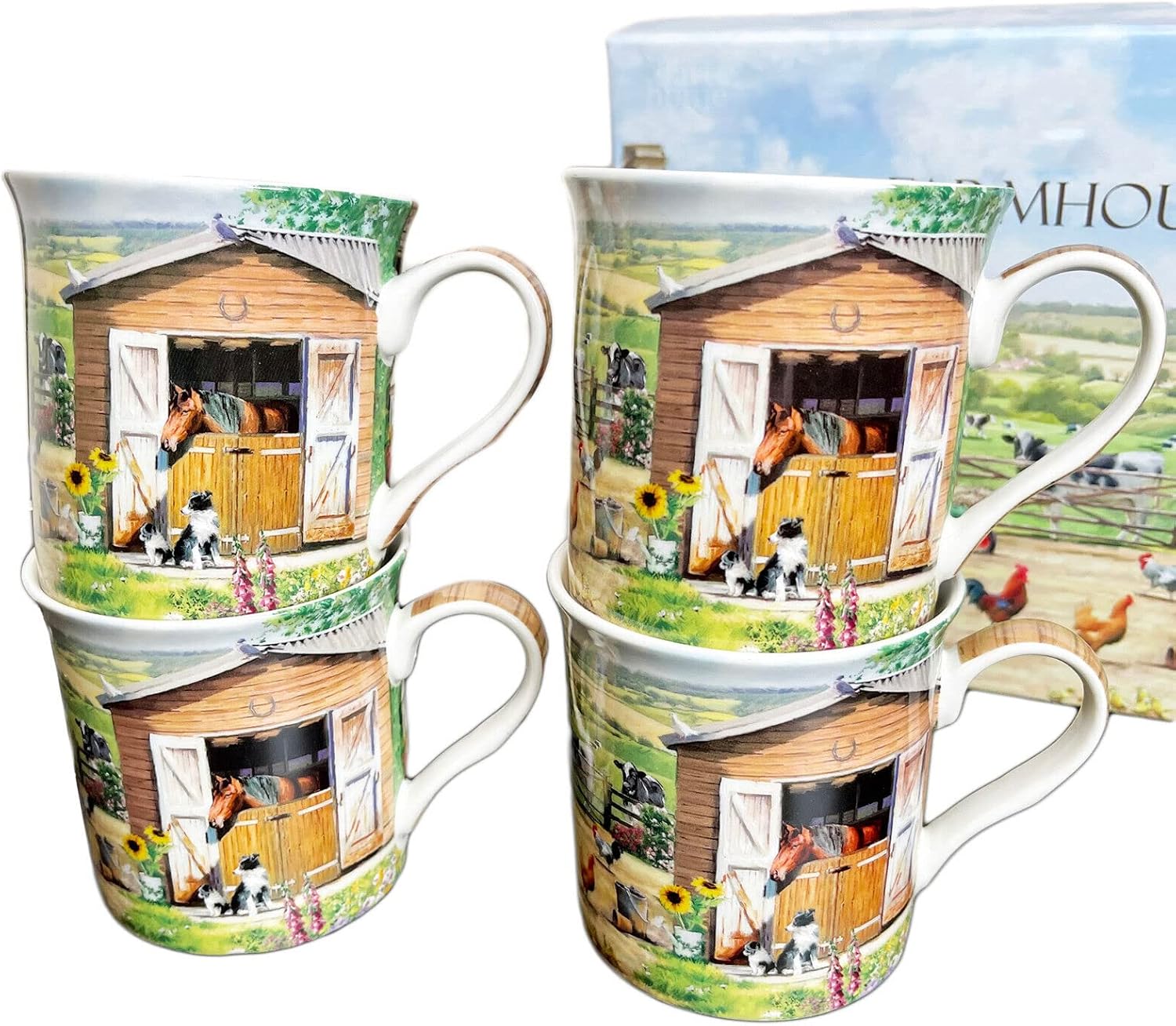 Set of 4 English Farm Fine China Mugs Farmhouse Barnyard Country Cups ...