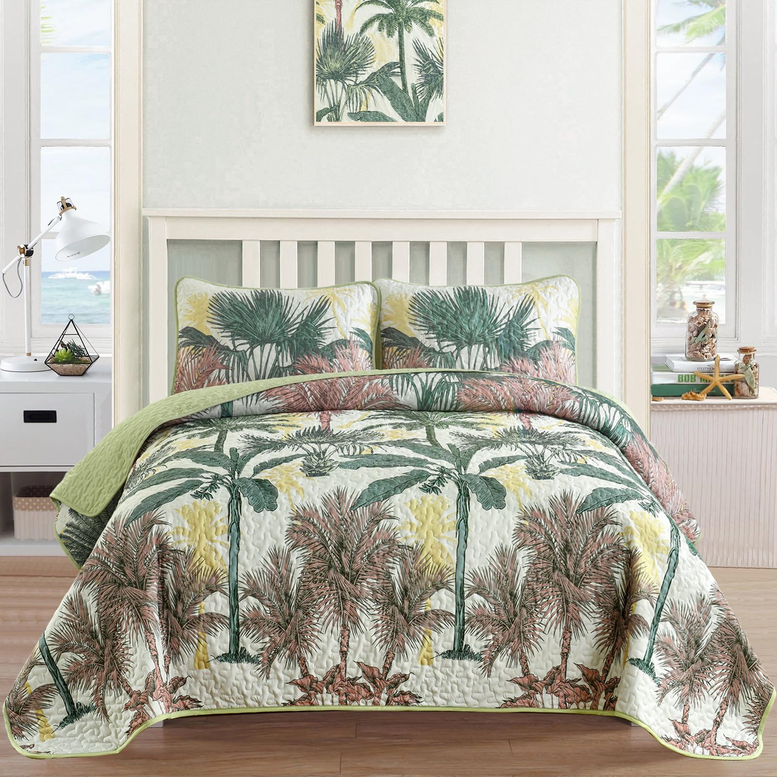 Amazon.com: Luxudecor Tropical Plants Quilt Set King Size 3 Pieces ...
