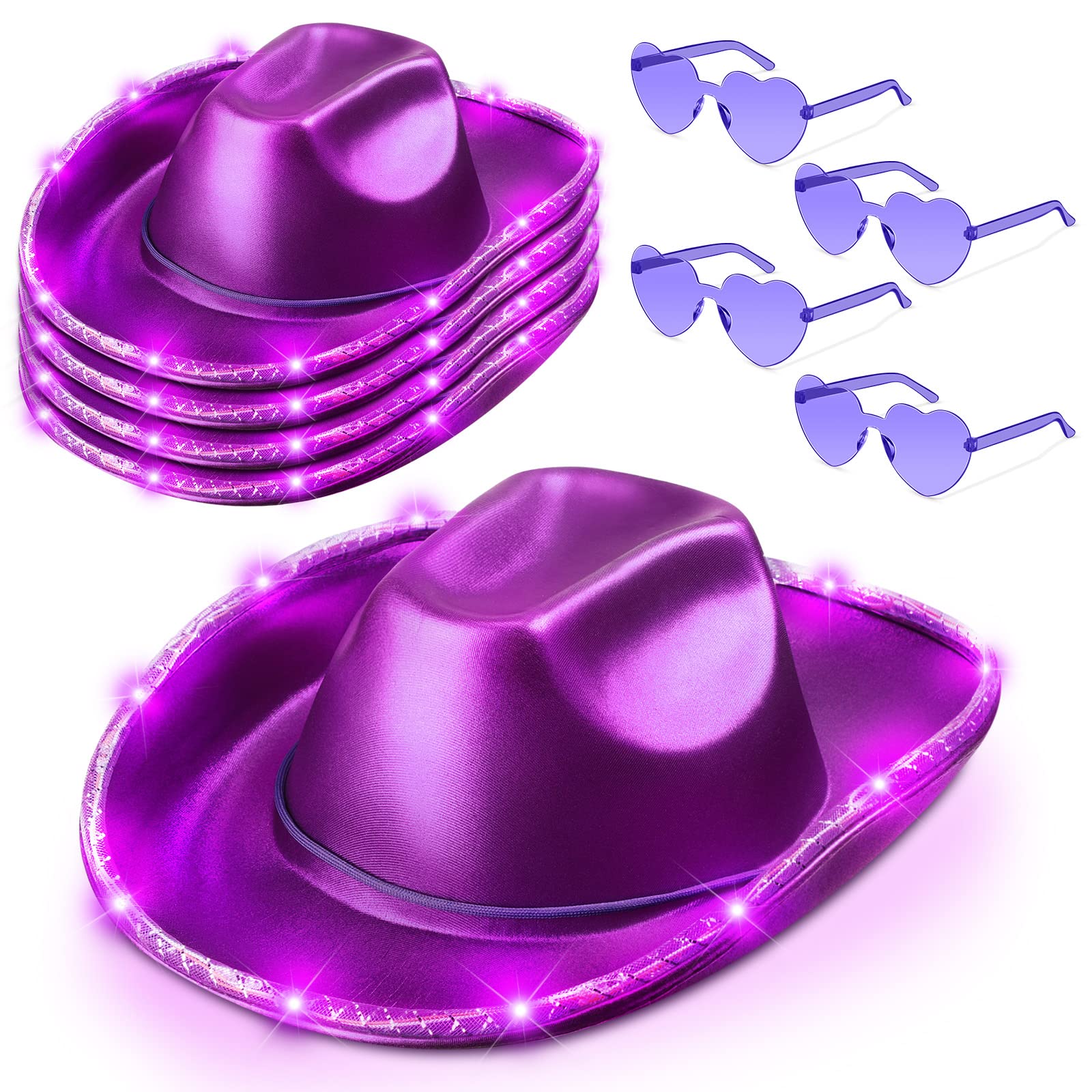 Zhanmai 8 Pieces Cowboy Hat LED Light Up Hat and Heart Sunglasses ...