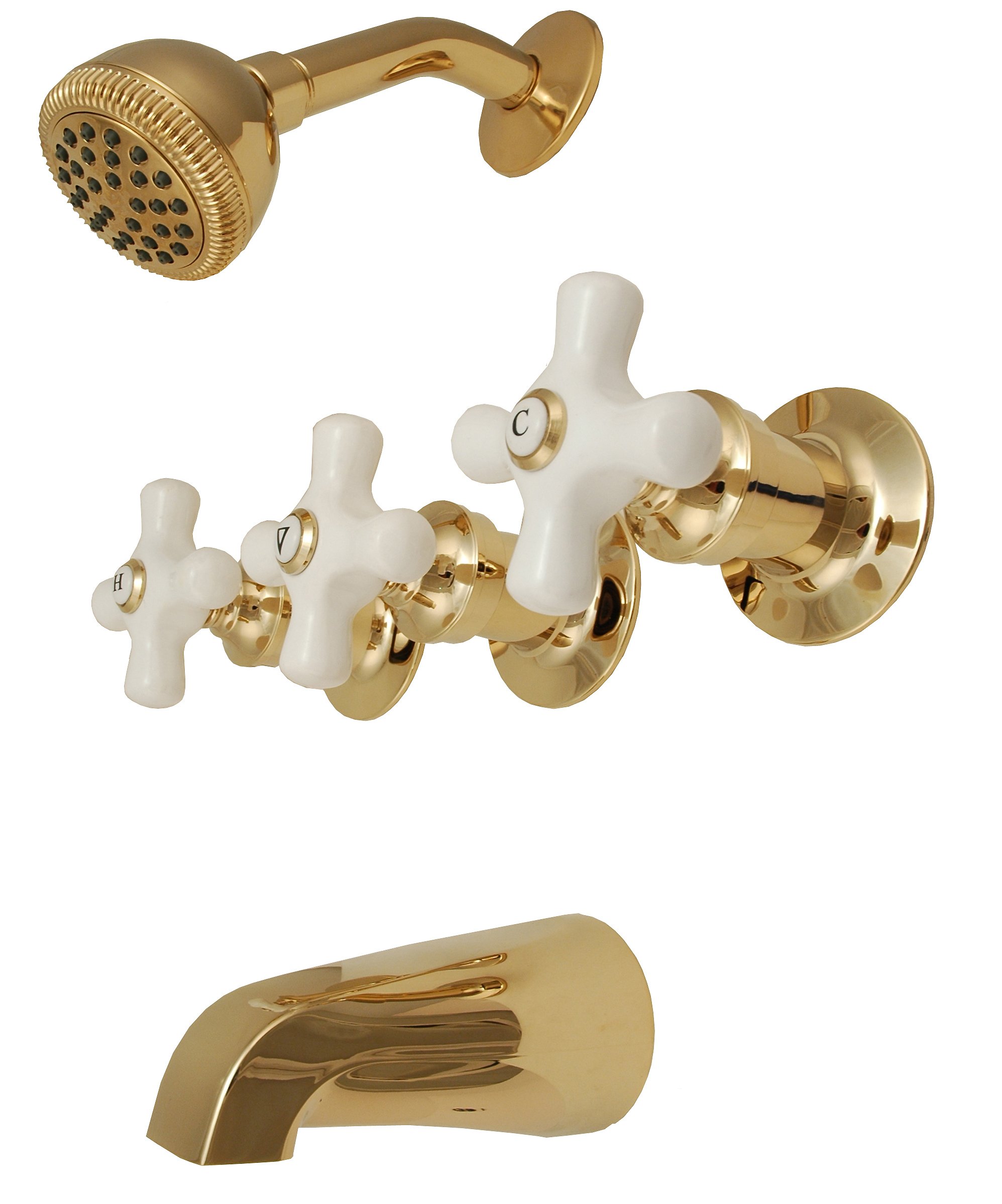 3-handle Tub & Shower Faucet, Polish Brass Finish, Porcelain Handle ...