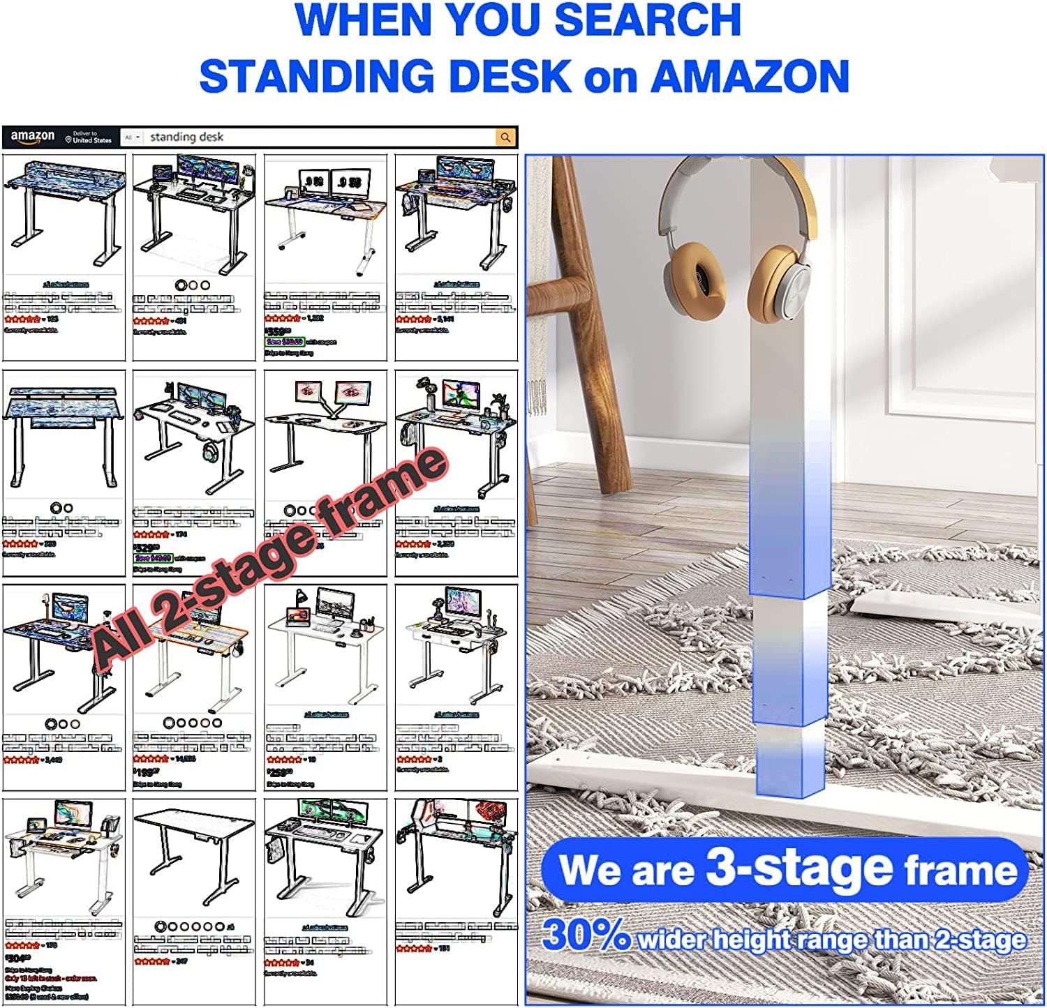 Snapklik.com : FLEXISPOT Electric Standing Desk Frame Dual Motor Pro 3 Stages Height Adjustable ...