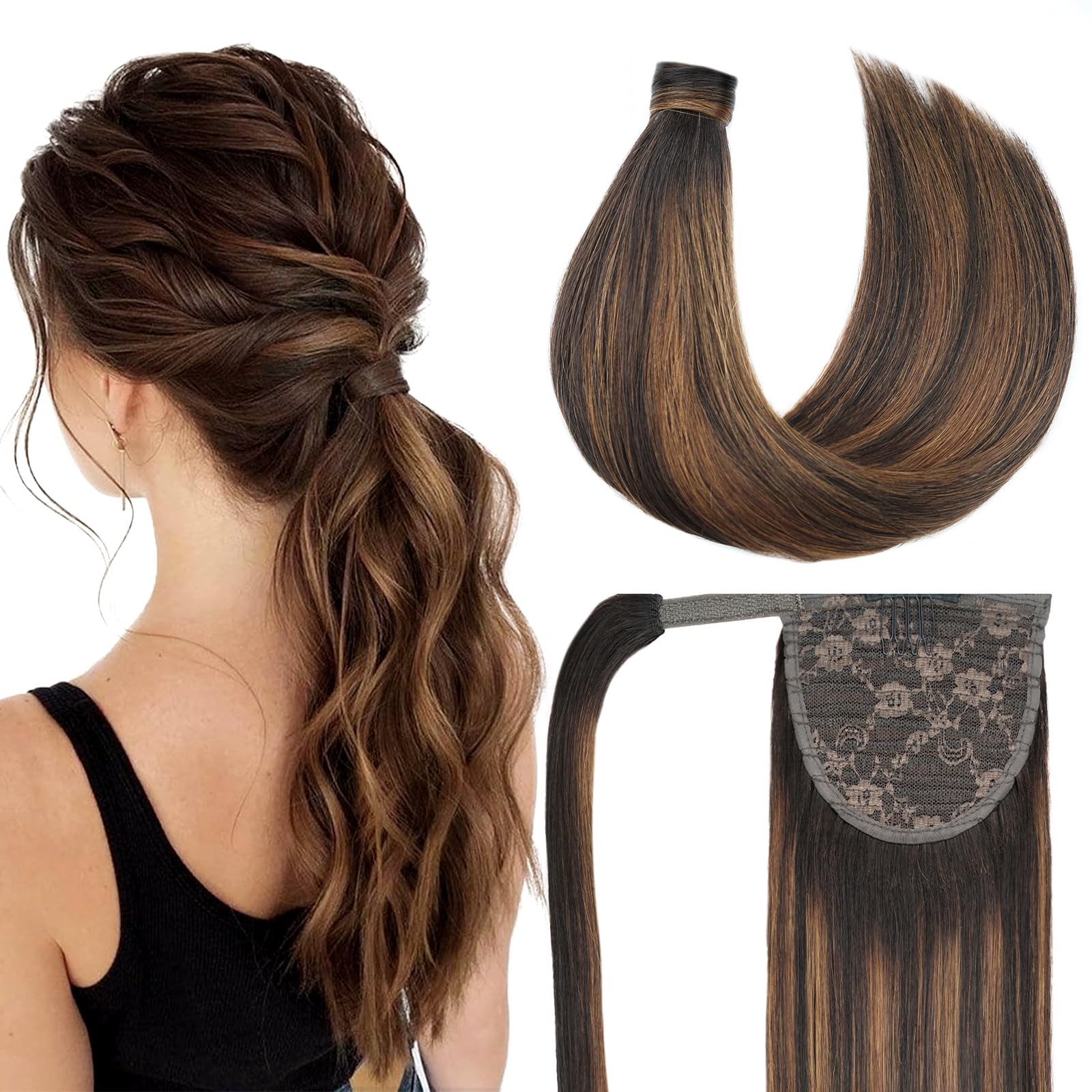 Amazon.com : 16 inch Ponytail Extension Human Hair 75g #2/6/2 Balayage ...