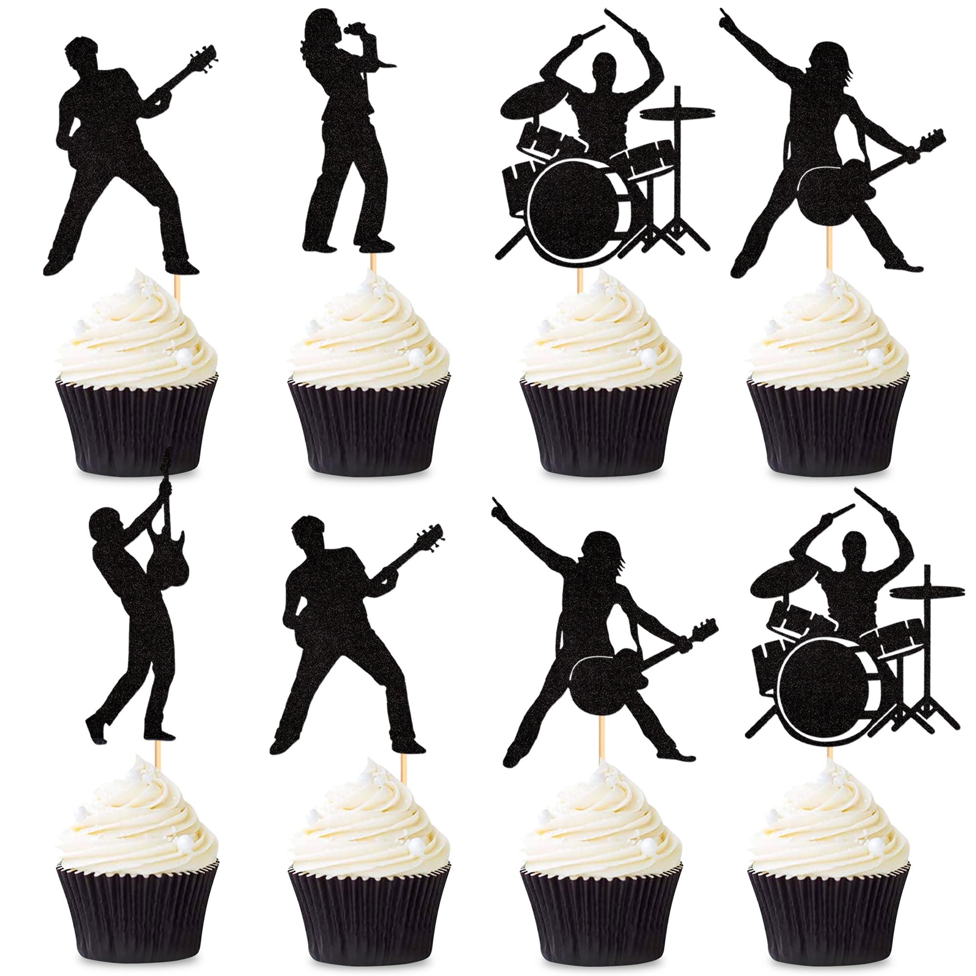 Amazon.com: Ercadio 25 Pack Rock Band Cupcake Toppers Black Glitter ...