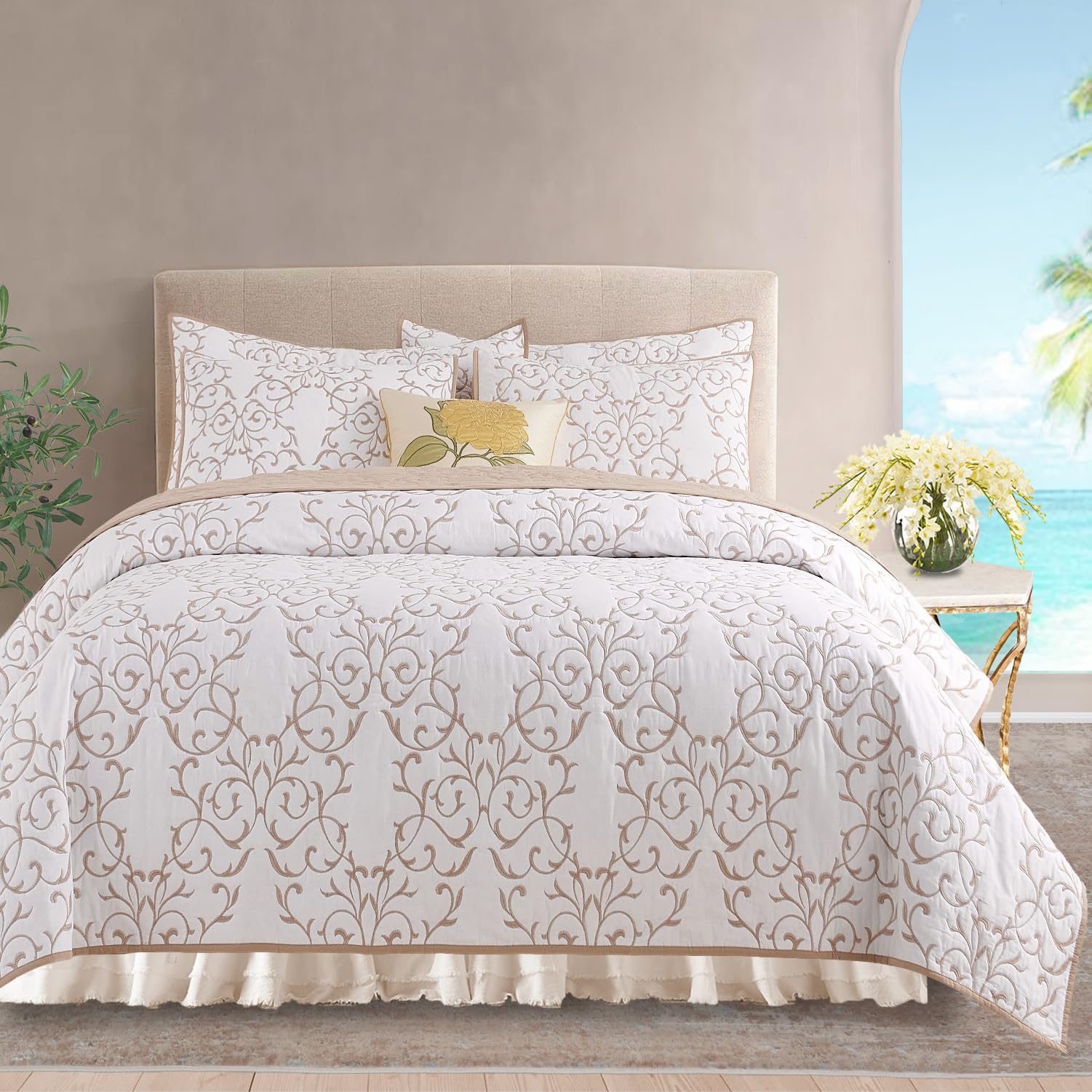 Amazon.com: Querencia 100% Cotton Quilt King Size - Embroidered Beige ...