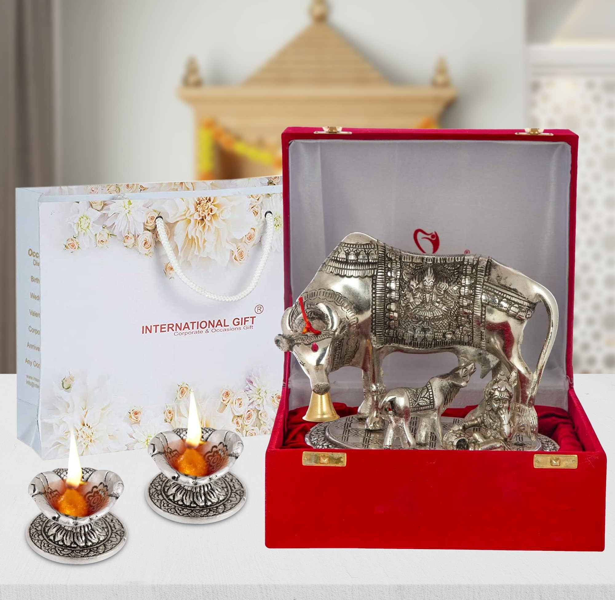 Buy INTERNATIONAL GIFT® Silver Kamdhenu Cow with Calf Metal Statue ...