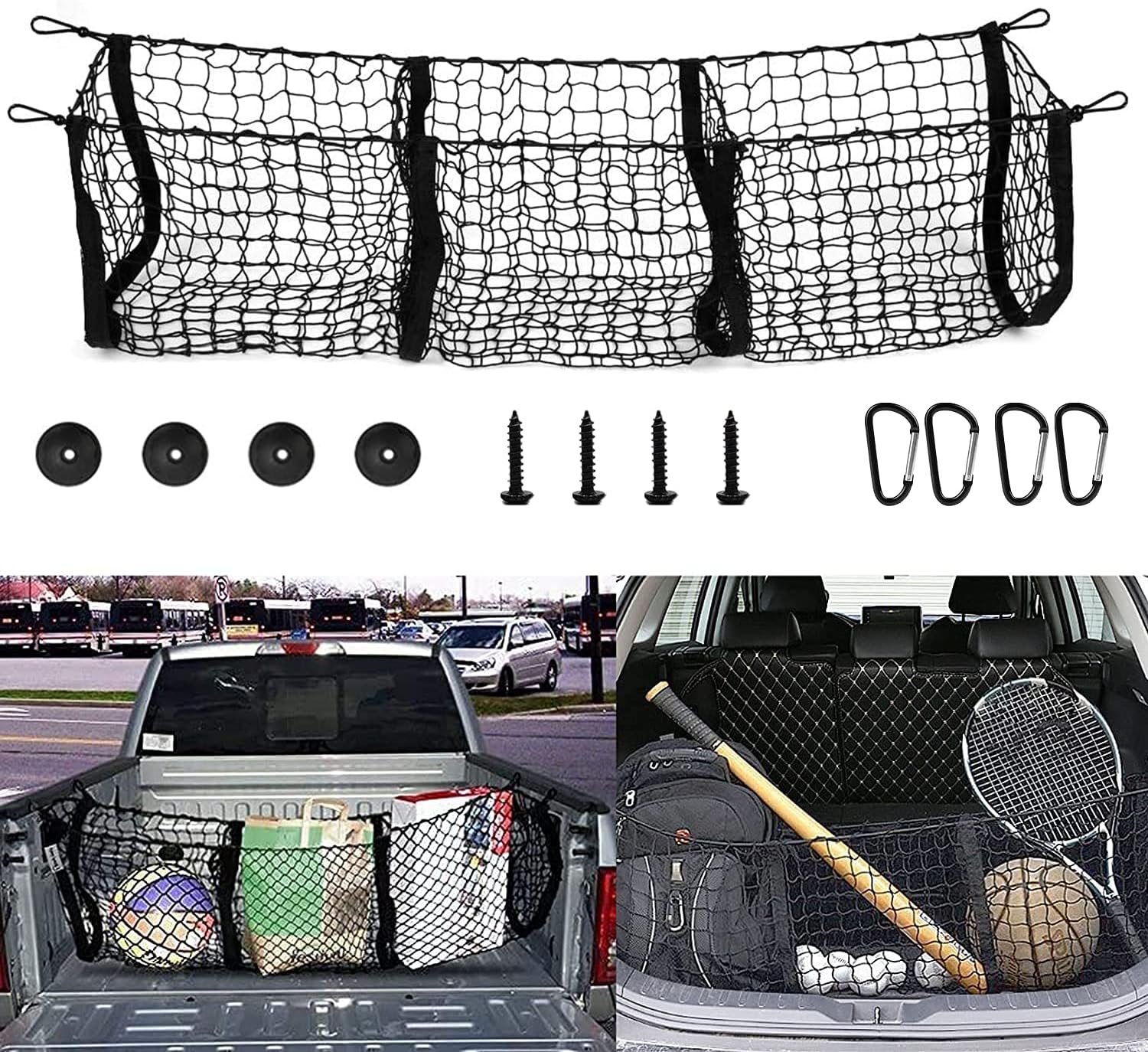 ConBlom Cargo Net with Hooks, 3 Pocket Trunk Cargo Organizer Mesh ...