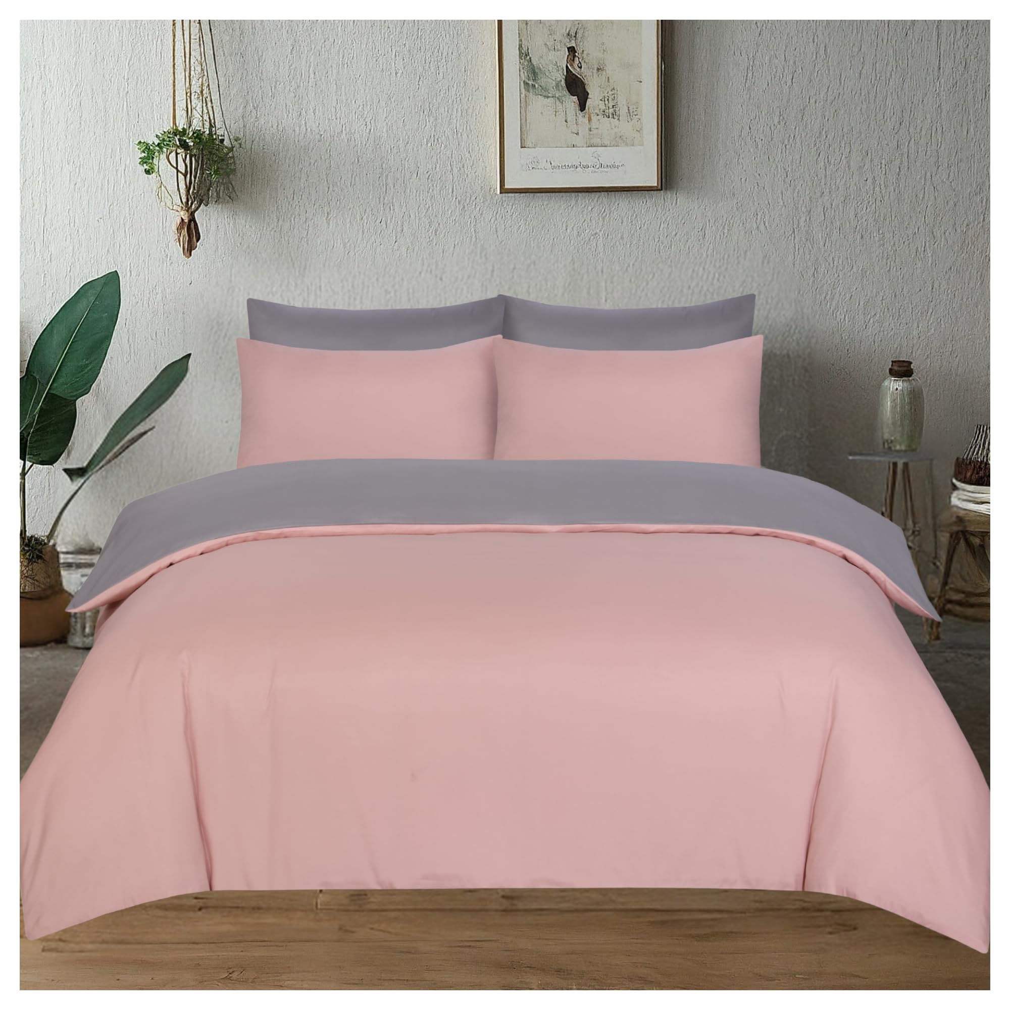 J.Din Blush Pink and Grey Plain Dyed Duvet Cover - Soft Brushed ...