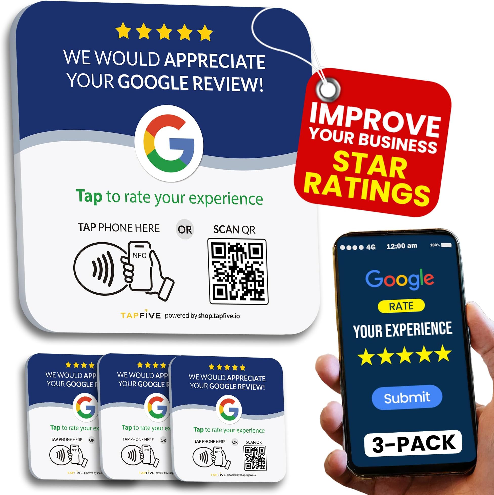 Amazon.com : Tap Google Review Plate (3-Pack) by TapFive - Tap for ...