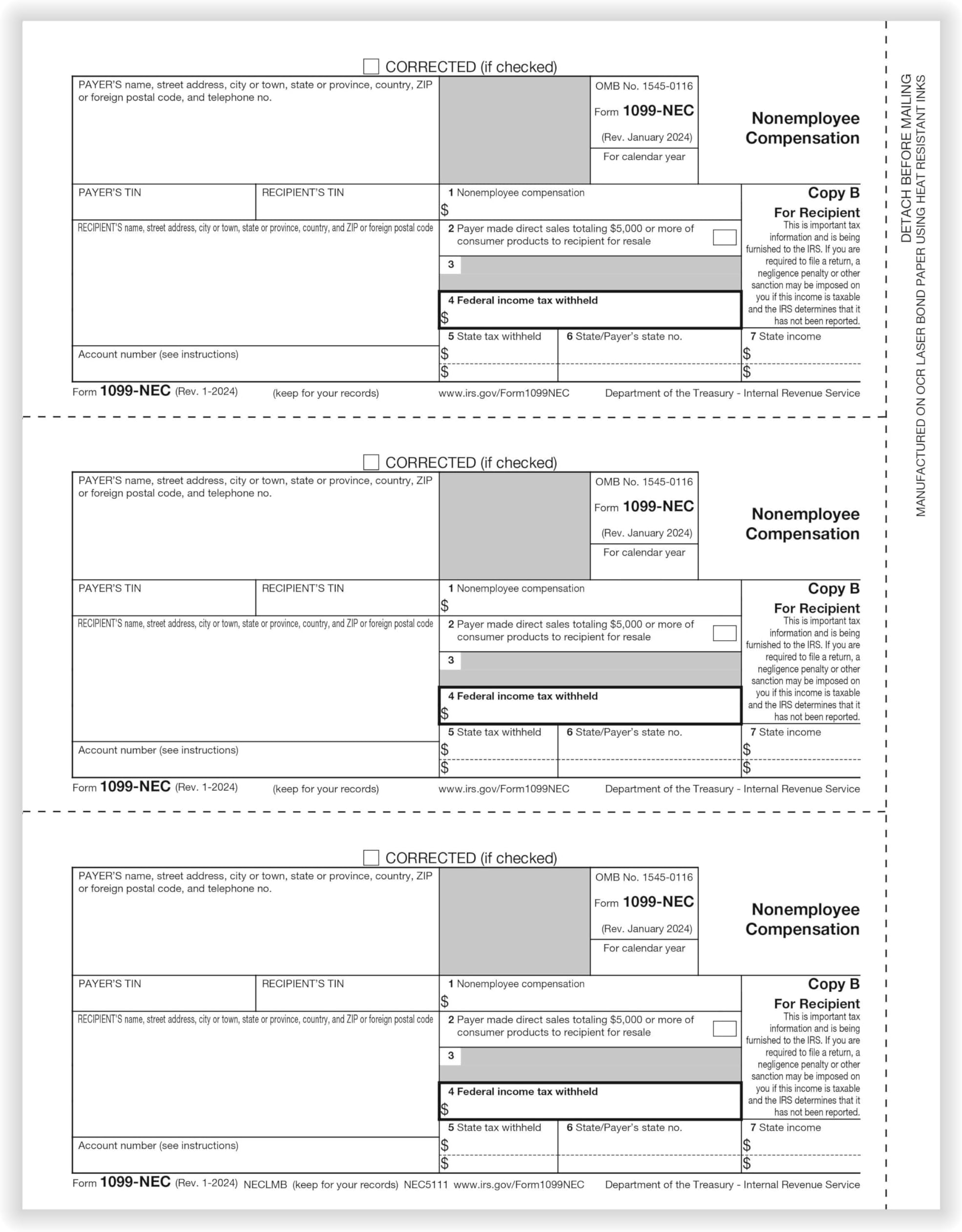 Amazon.com : 1099-NEC Recipient Copy B Tax Form, Pack of 150 Forms ...