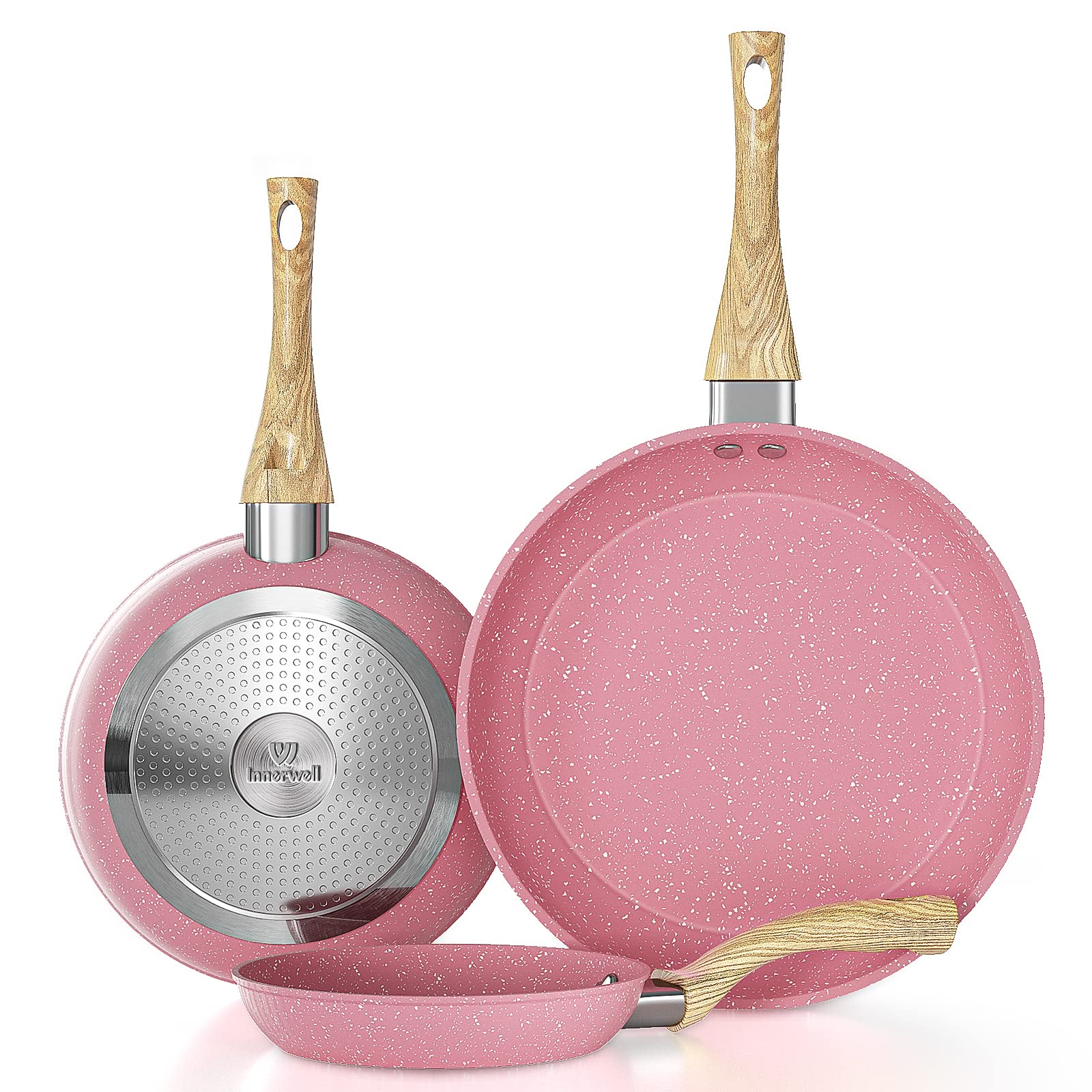 Innerwell Nonstick Frying Pan Set, Pink Frying Pans Nonstick, Granite ...