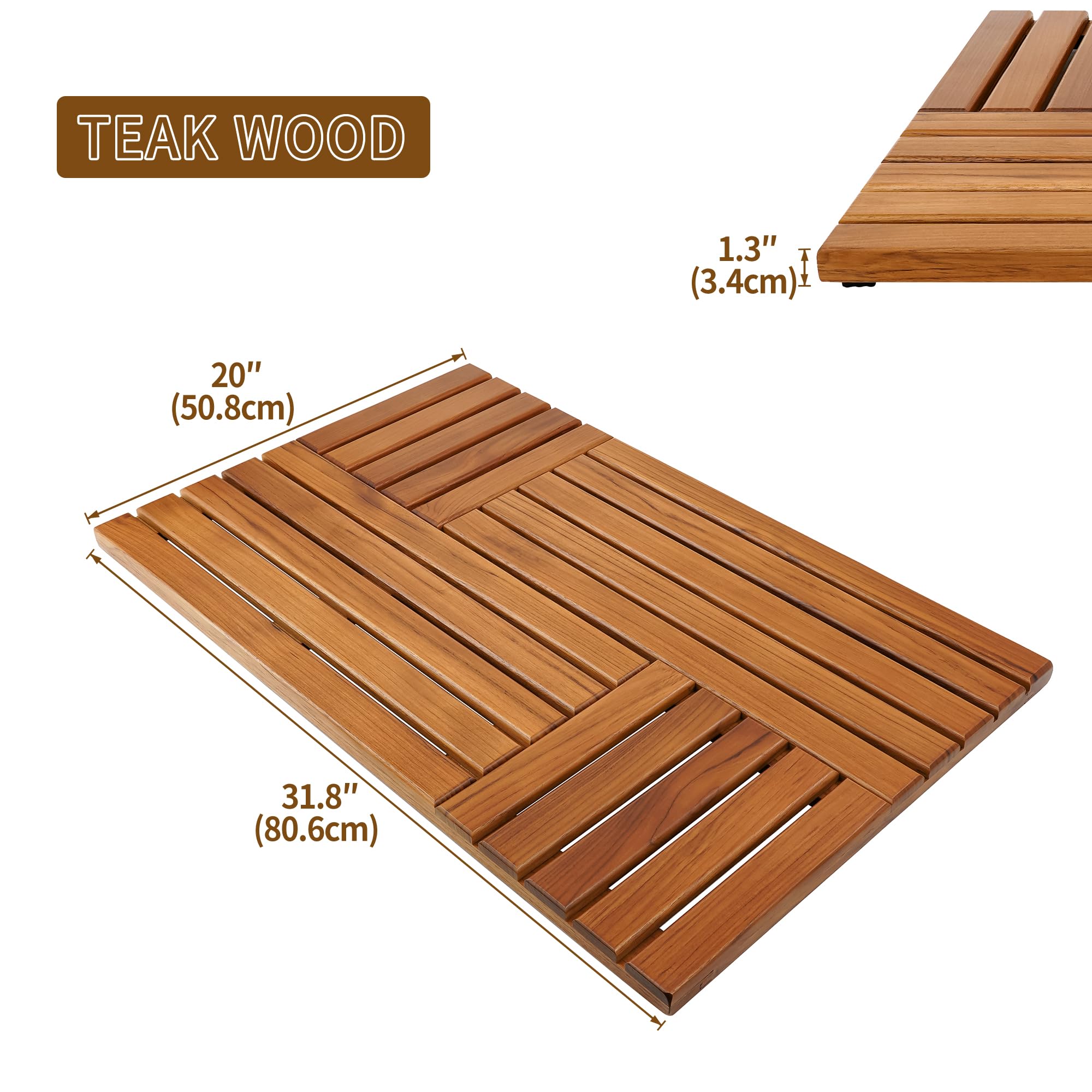 Utoplike Teak Wood Bath Mat, 31.8 x 20 inch Large Wooden Shower Mat for ...