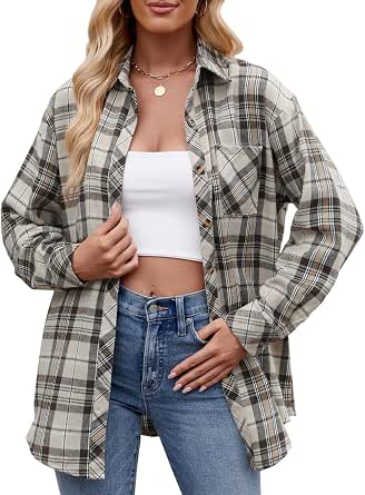 Blostirno Womens Long Sleeve Plaid Shirt Flannel Button Down Buffalo ...