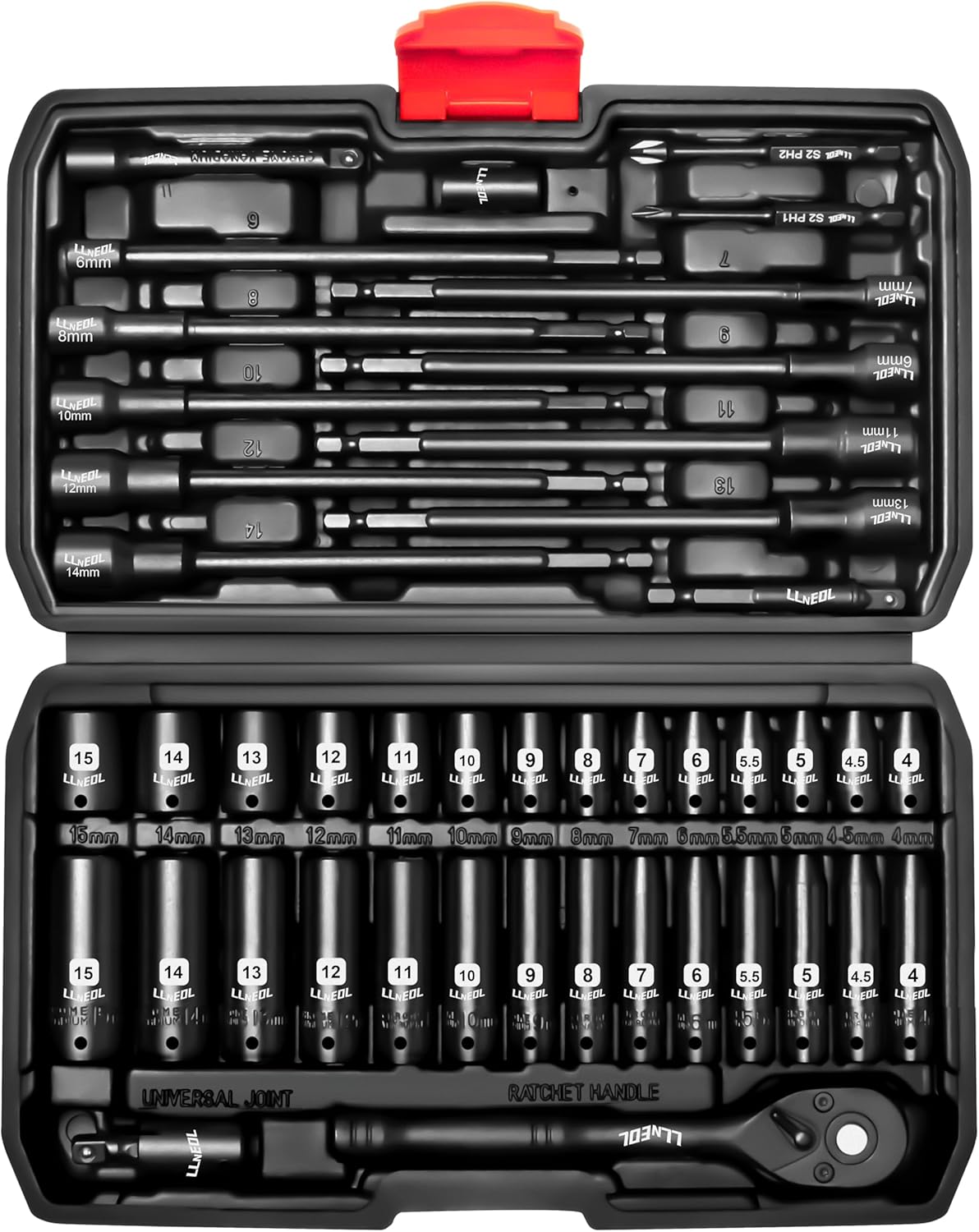 LLNEDL 1/4 inch Drive Socket Set & Nut Driver Set 44PCS, Metric Sockets ...