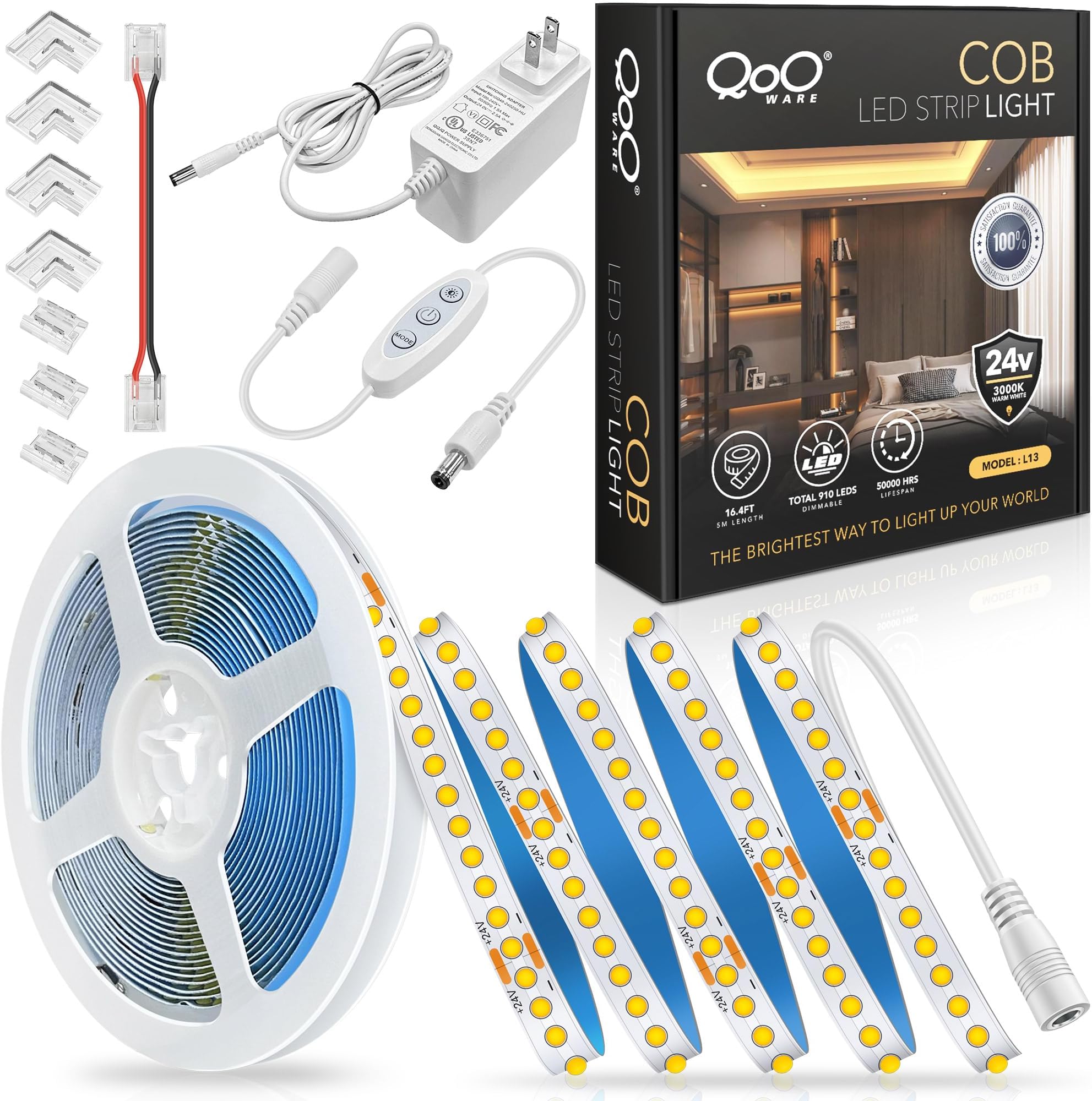 Amazon.com: QooWare Warm White COB LED Strip Lights, 16.4ft Dimmable ...