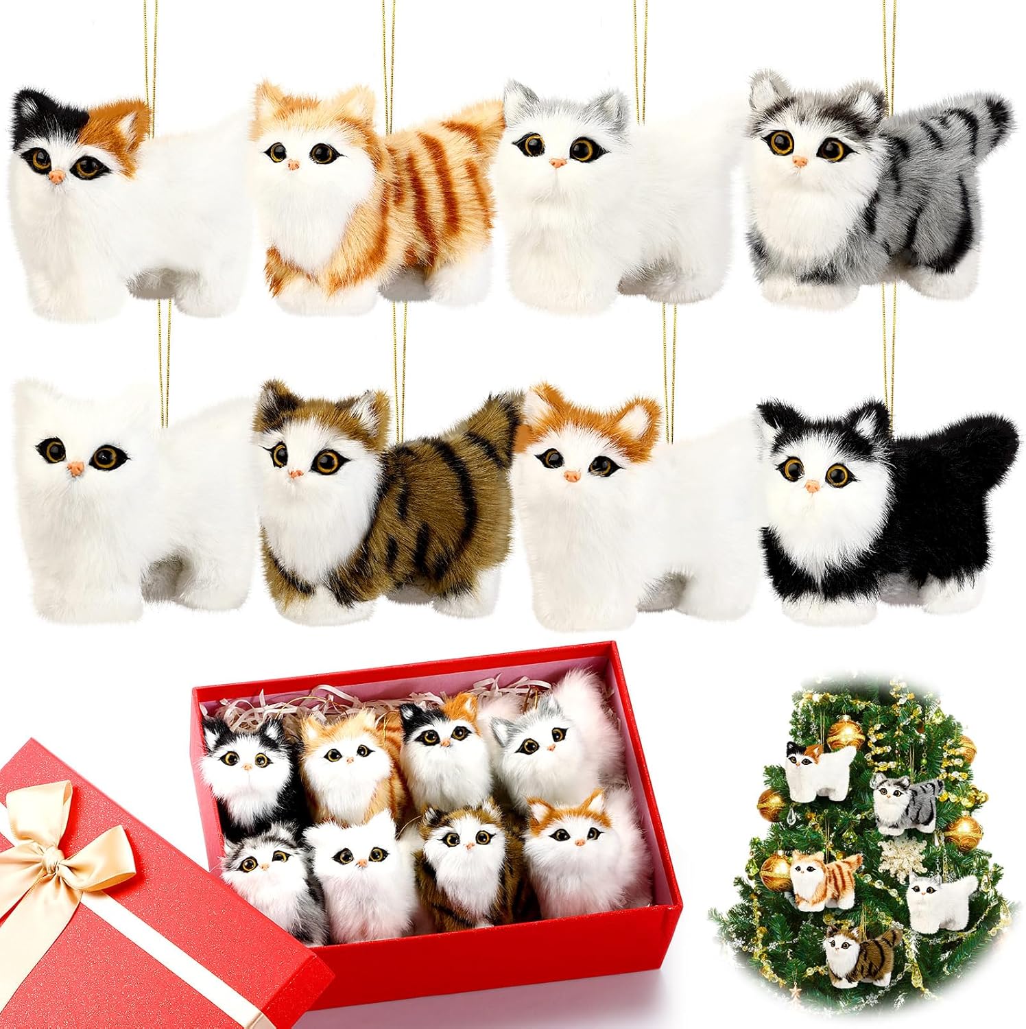 Amazon.com: HyDren 8 Sets Christmas Cat Owl Box Ornaments Gift Mini Fur ...