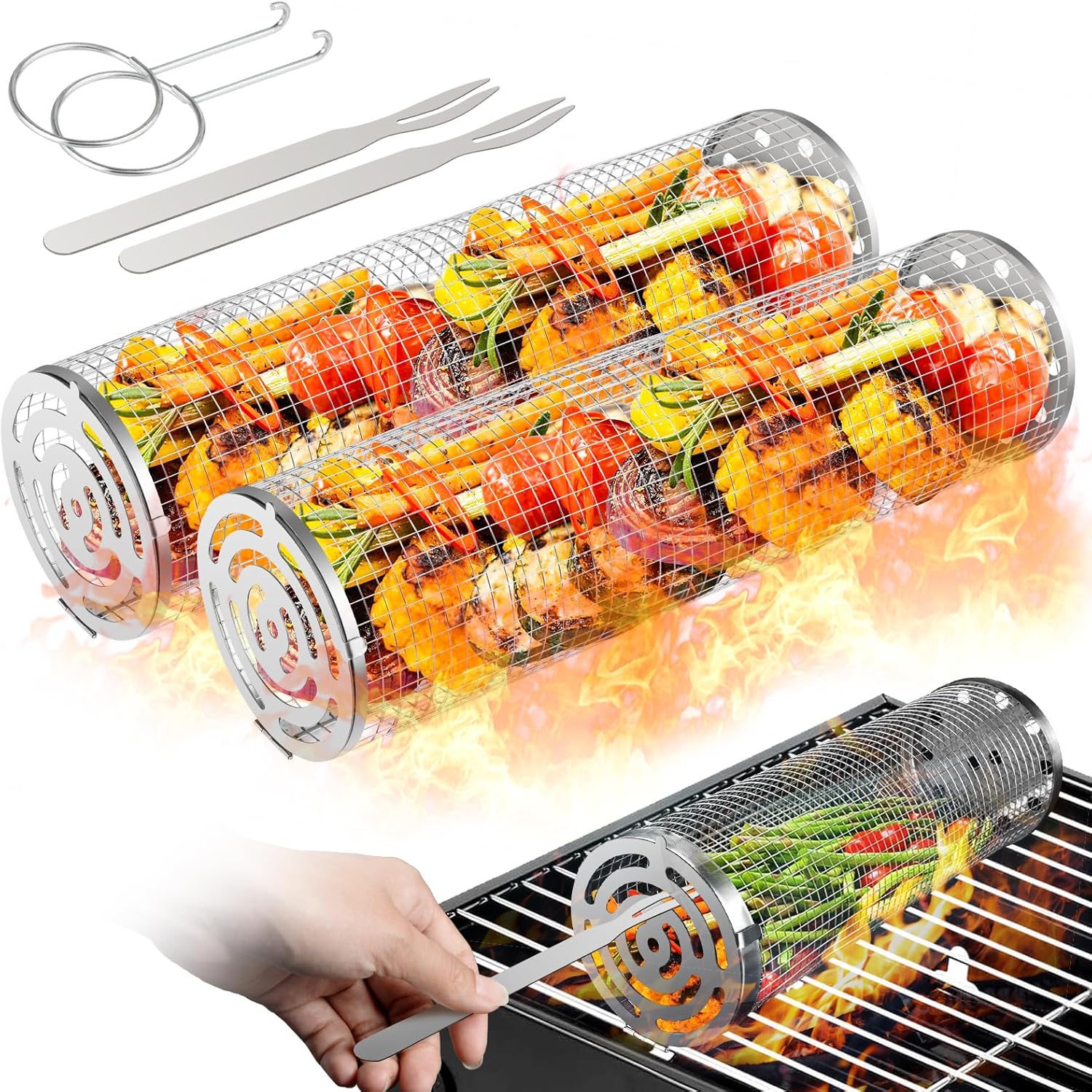 Amazon.com: BBQ Net Tube, Rolling BBQ Grilling Basket, Round Stainless ...