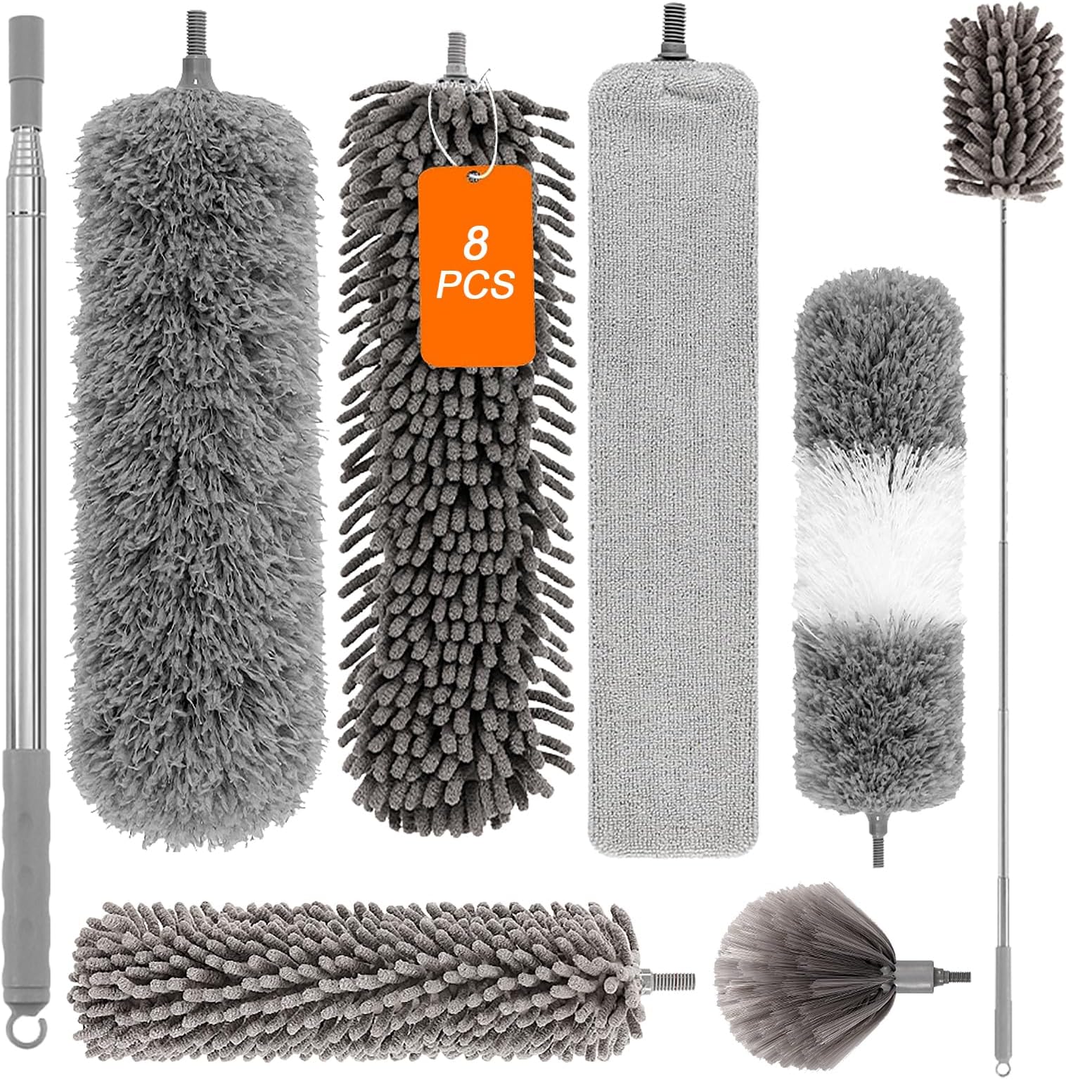 TAVADA Lot de 8 plumeaux télescopiques lavables, tige et balai d'angle ...