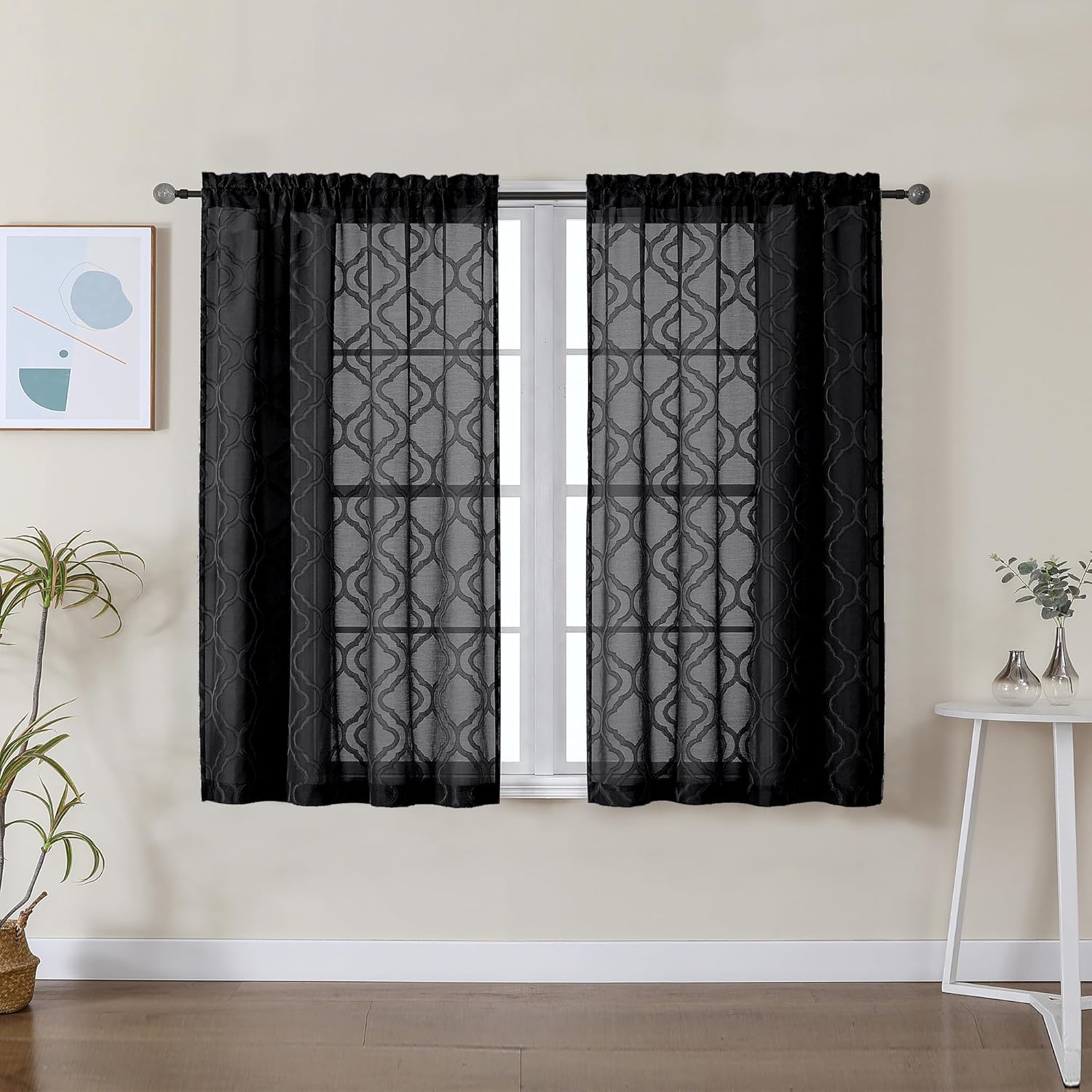 Amazon.com: Lecloud Wasa Black Sheer Curtains 45 Inch Length 2 Panels ...