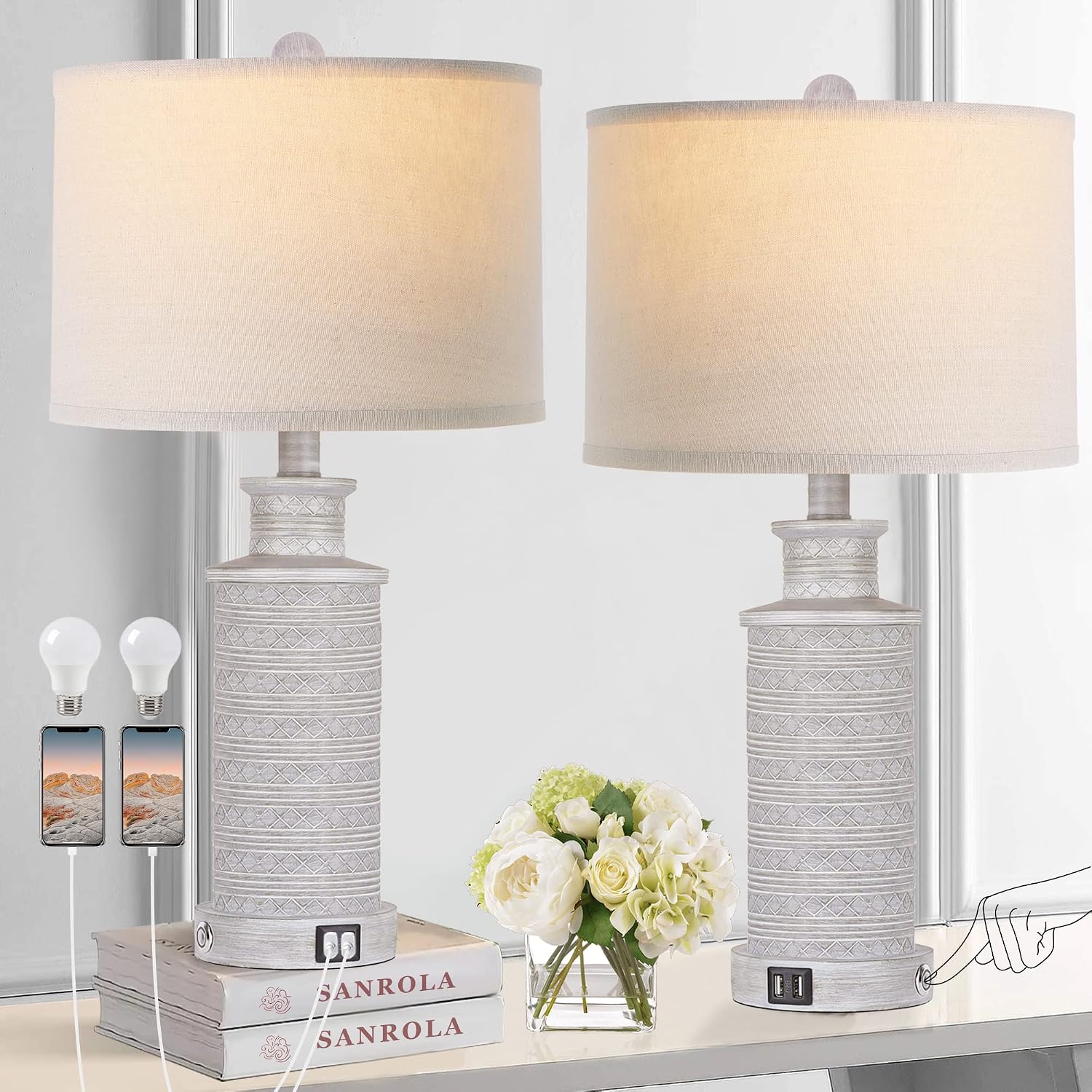 PARTPHONER Touch Control Table Lamp Set of 2, Rustic Farmhouse Bedside ...